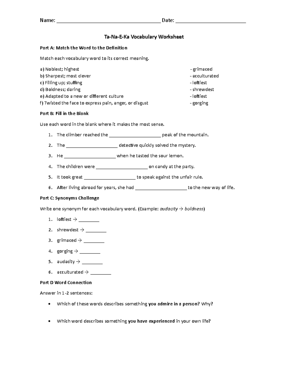 Vocabulary Worksheet: Matching & Fill-in-the-Blank (Lit 6) - Studocu