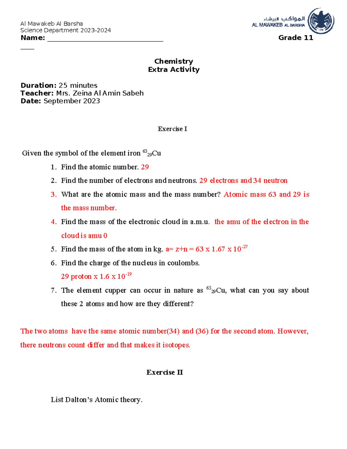 G11 Chemistry Extra Worksheet - Chapter 1: Atomic Structure Activities ...