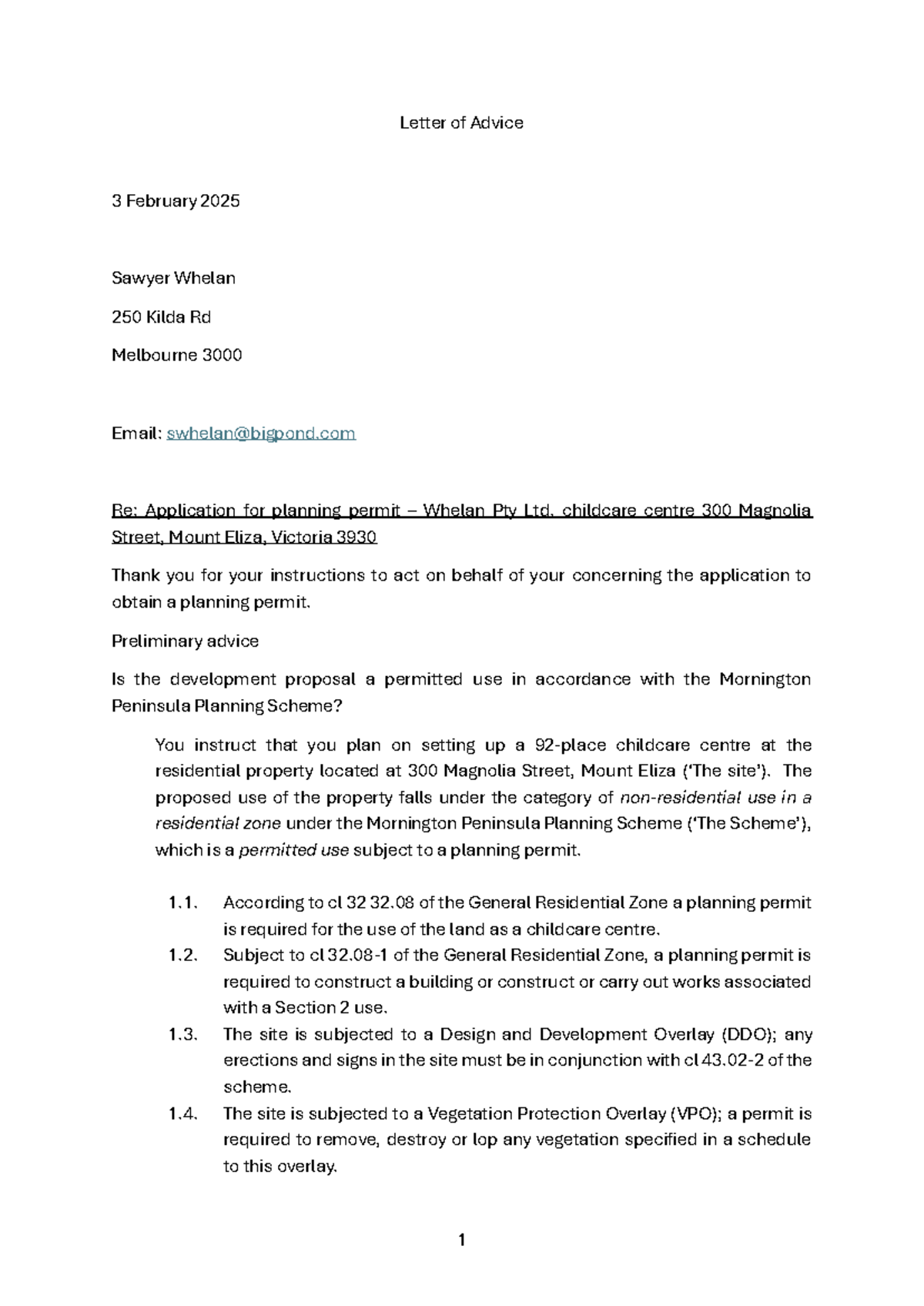 Task 1.1: Letter of Advice on Planning Permit Application - Studocu