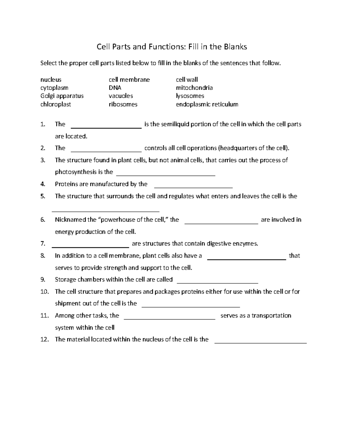 Cell Parts and Functions: Fill in the Blanks Exercise - Studocu