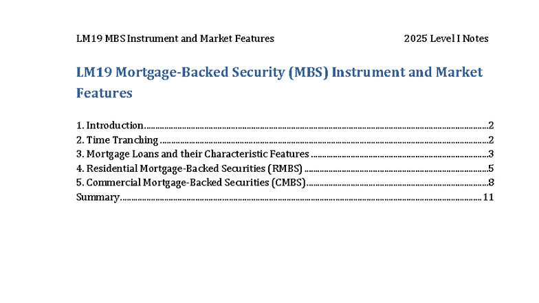 LM19 MBS Instrument & Market Features 2025 Level I Study Notes - Studocu