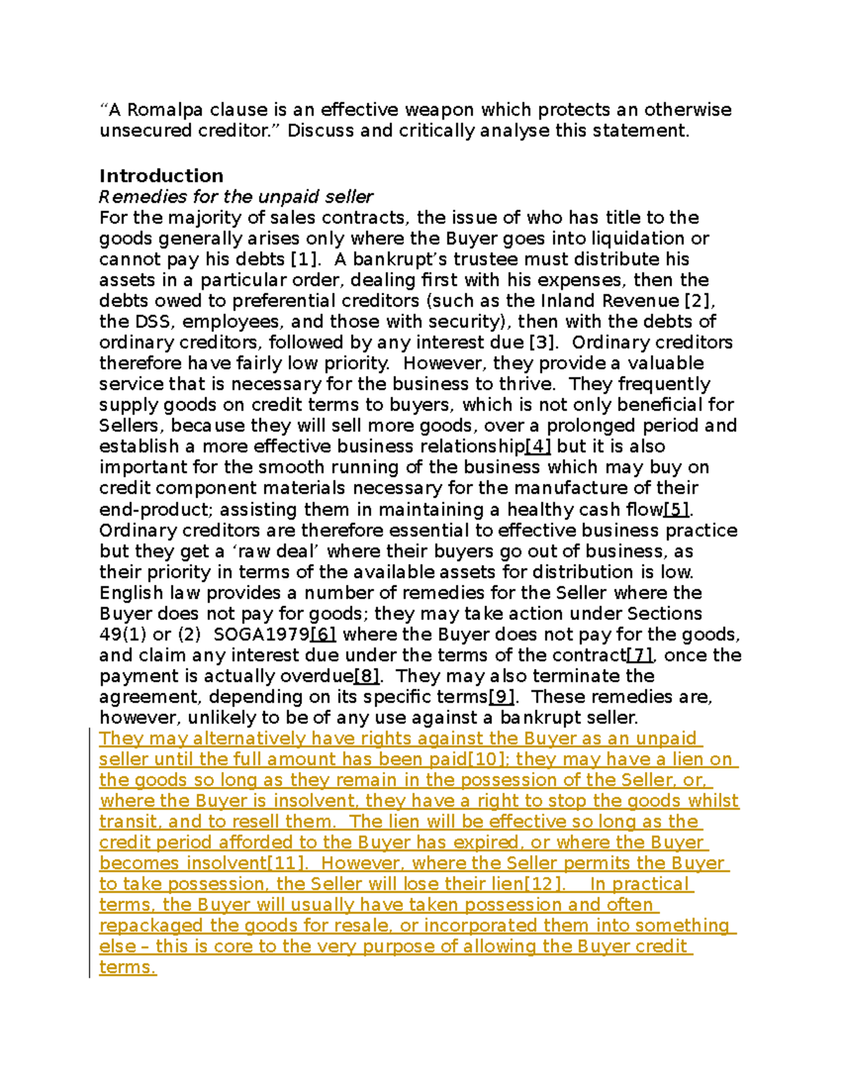 Romalpa Clause Analysis - A Study on Unsecured Creditors' Rights - Studocu