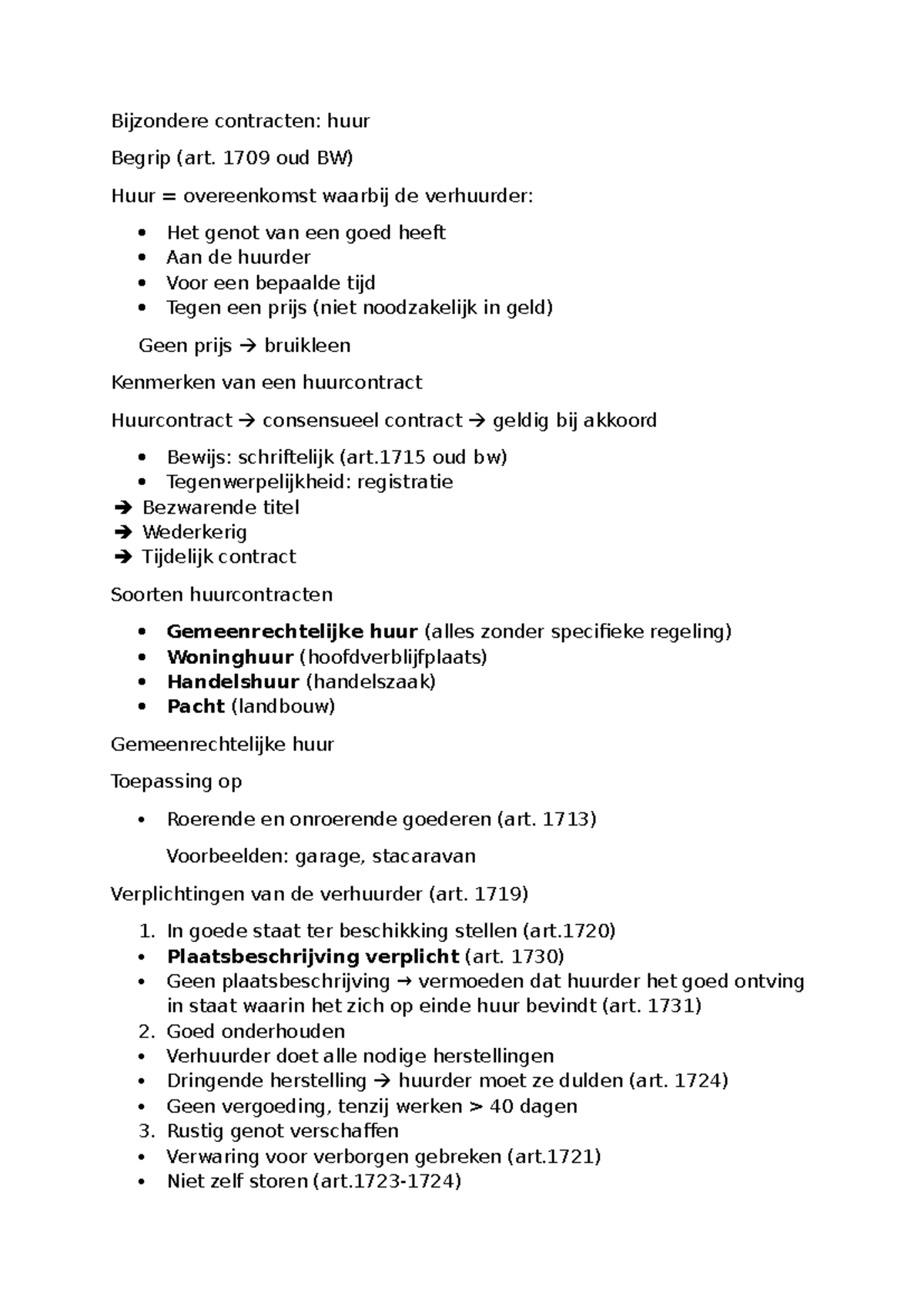 Huurcontracten: Bijzondere Contracten en Verplichtingen (BW) - Studocu