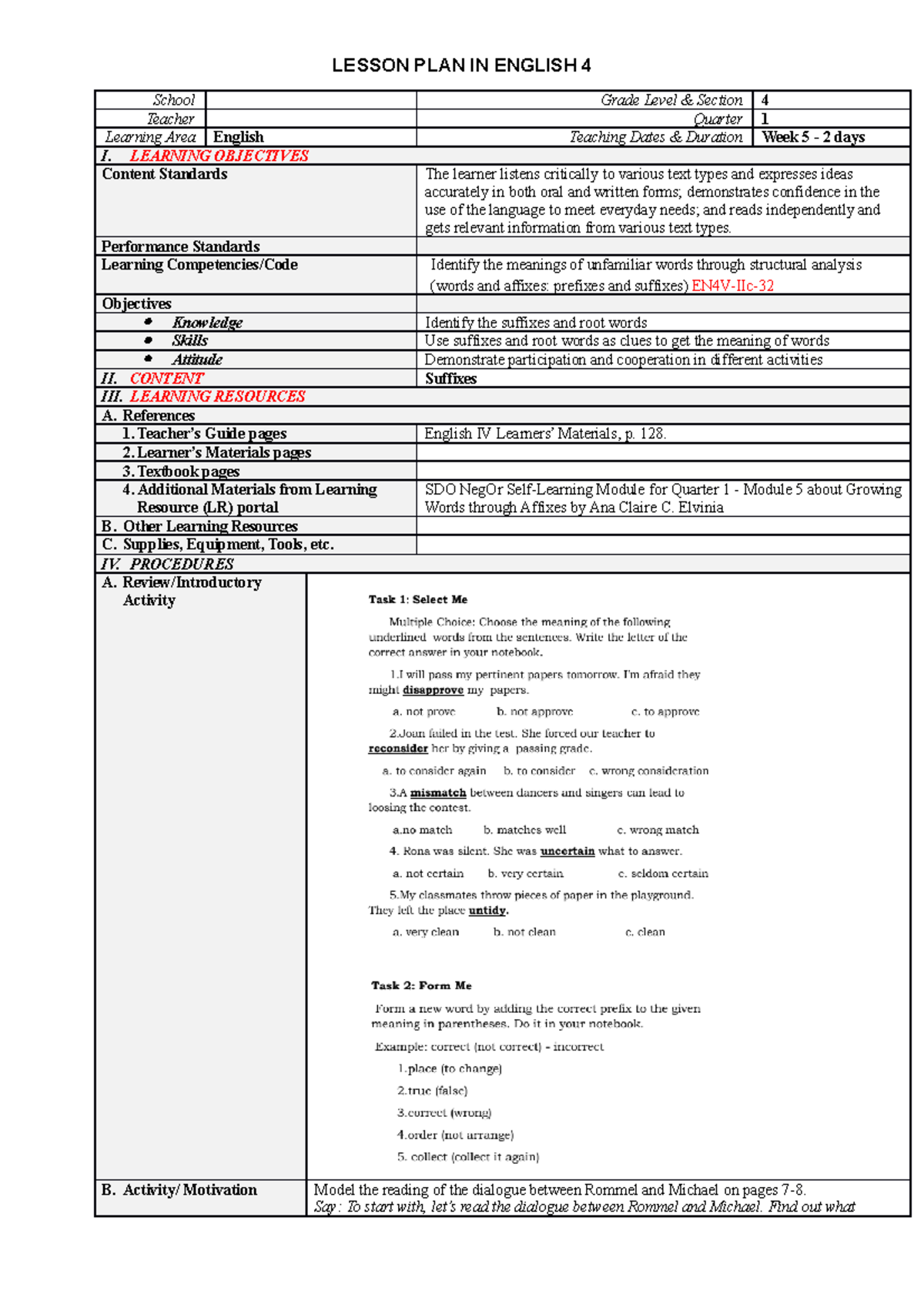 English 4 Q1 DLP Week 5 Lesson Plan on Suffixes and Root Words - Studocu