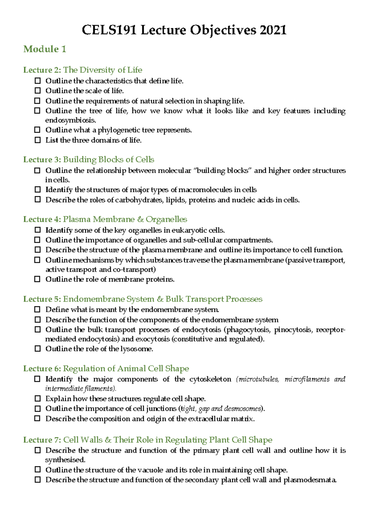 CELS191 Lecture Objectives Summary: Key Concepts for 2021 - Studocu