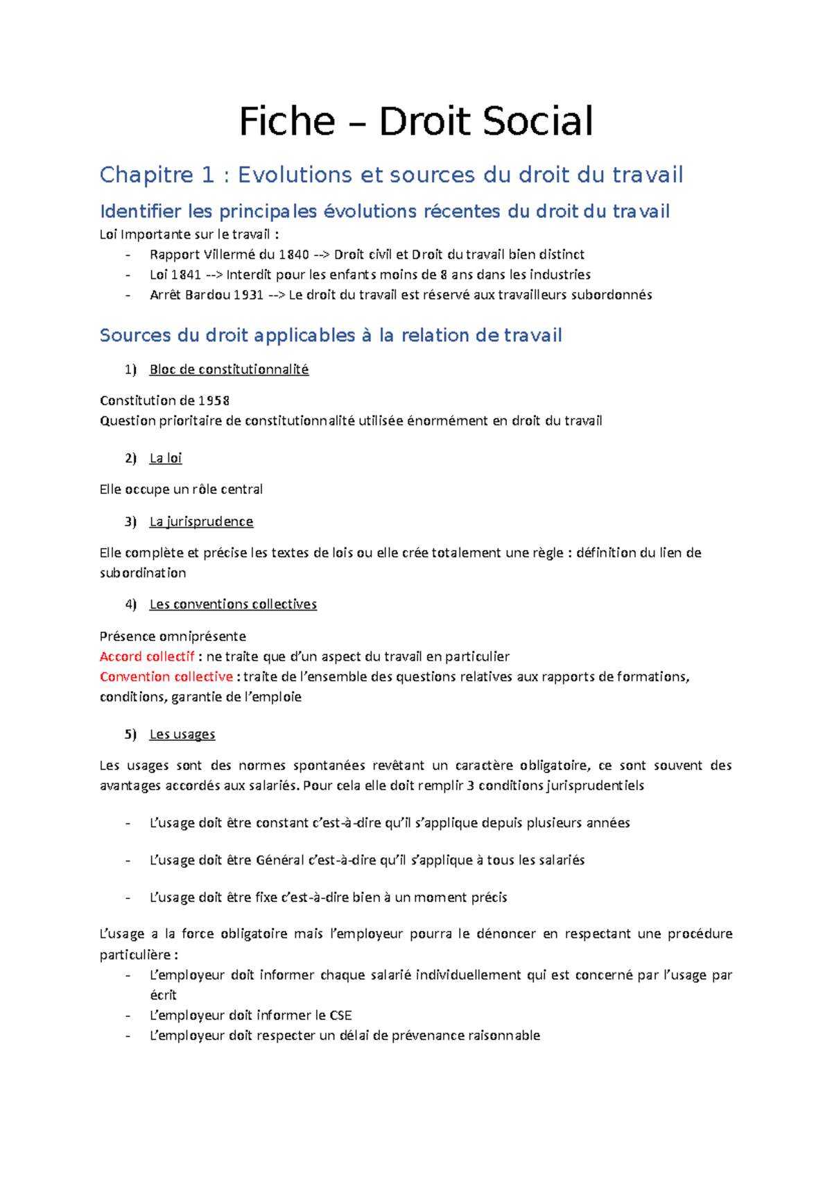 Fiche - Droit Social : Chapitres 1 à 4 et Éléments Essentiels - Studocu