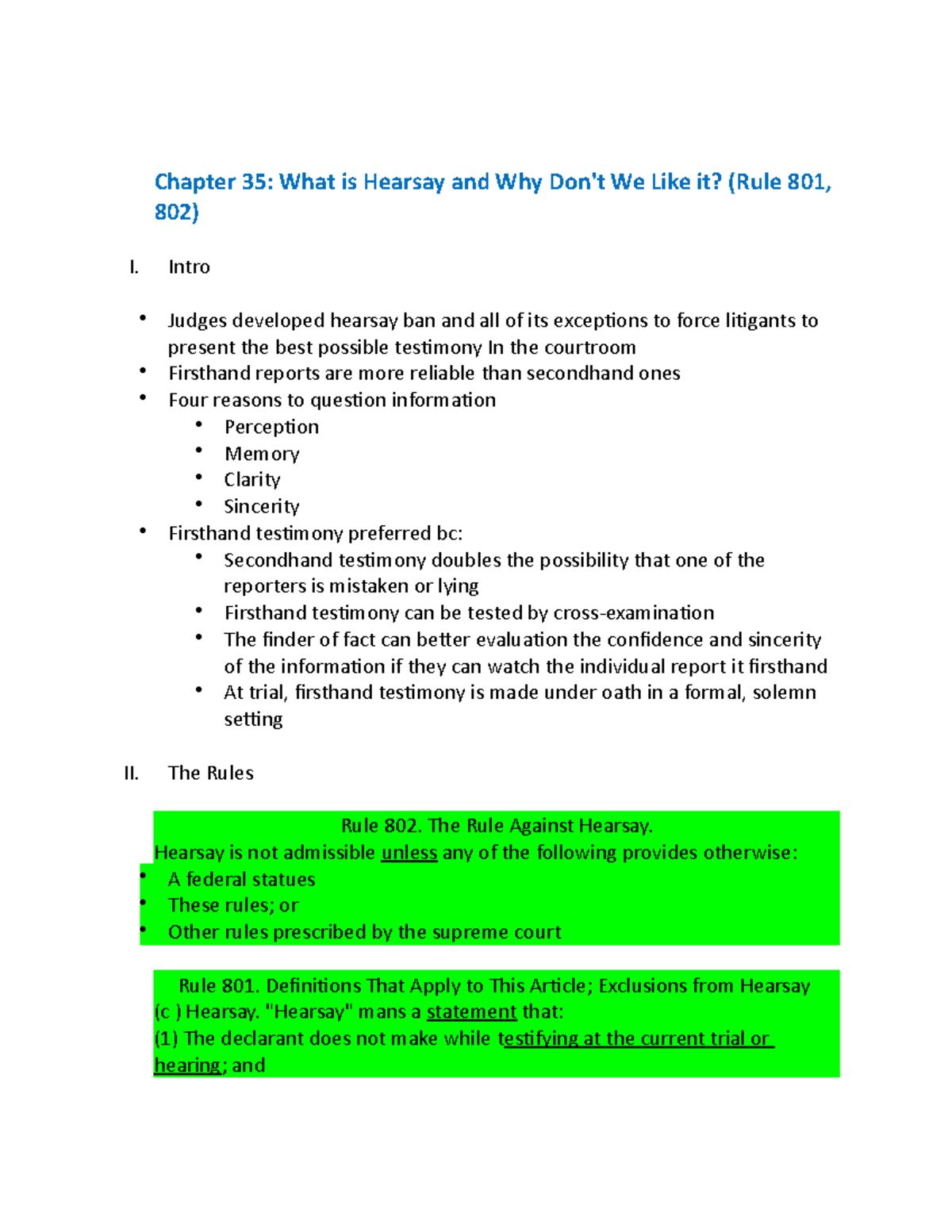 Hearsay Rules and Exceptions Overview - Law 101 Final Exam Notes - Studocu