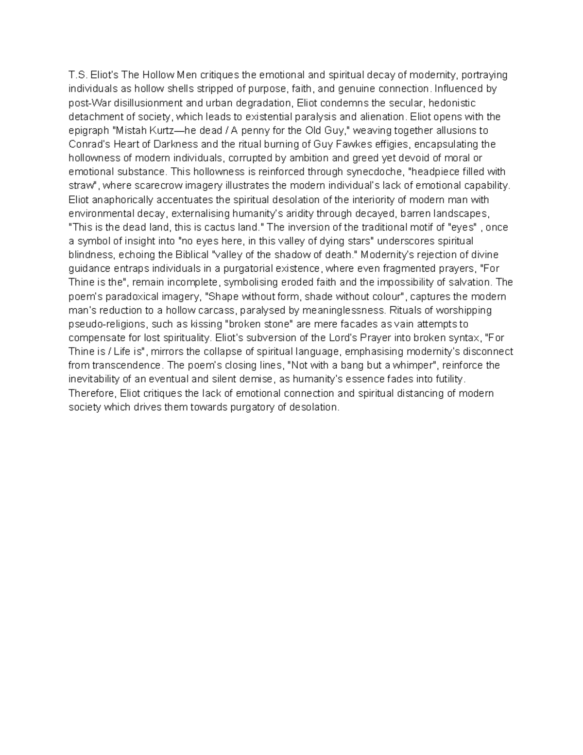 Hollow Men Analysis - T.S. Eliot's Critique of Modernity - Studocu