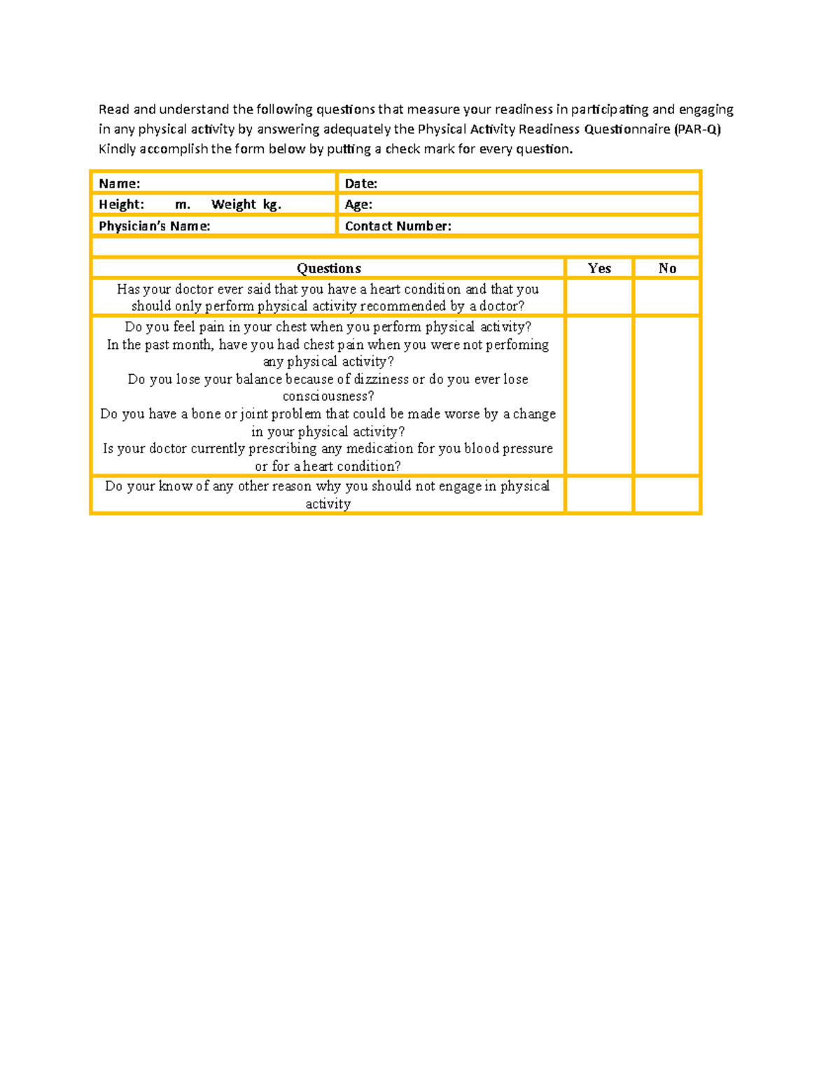PAR-Q: Physical Activity Readiness Questionnaire Instructions and Form ...