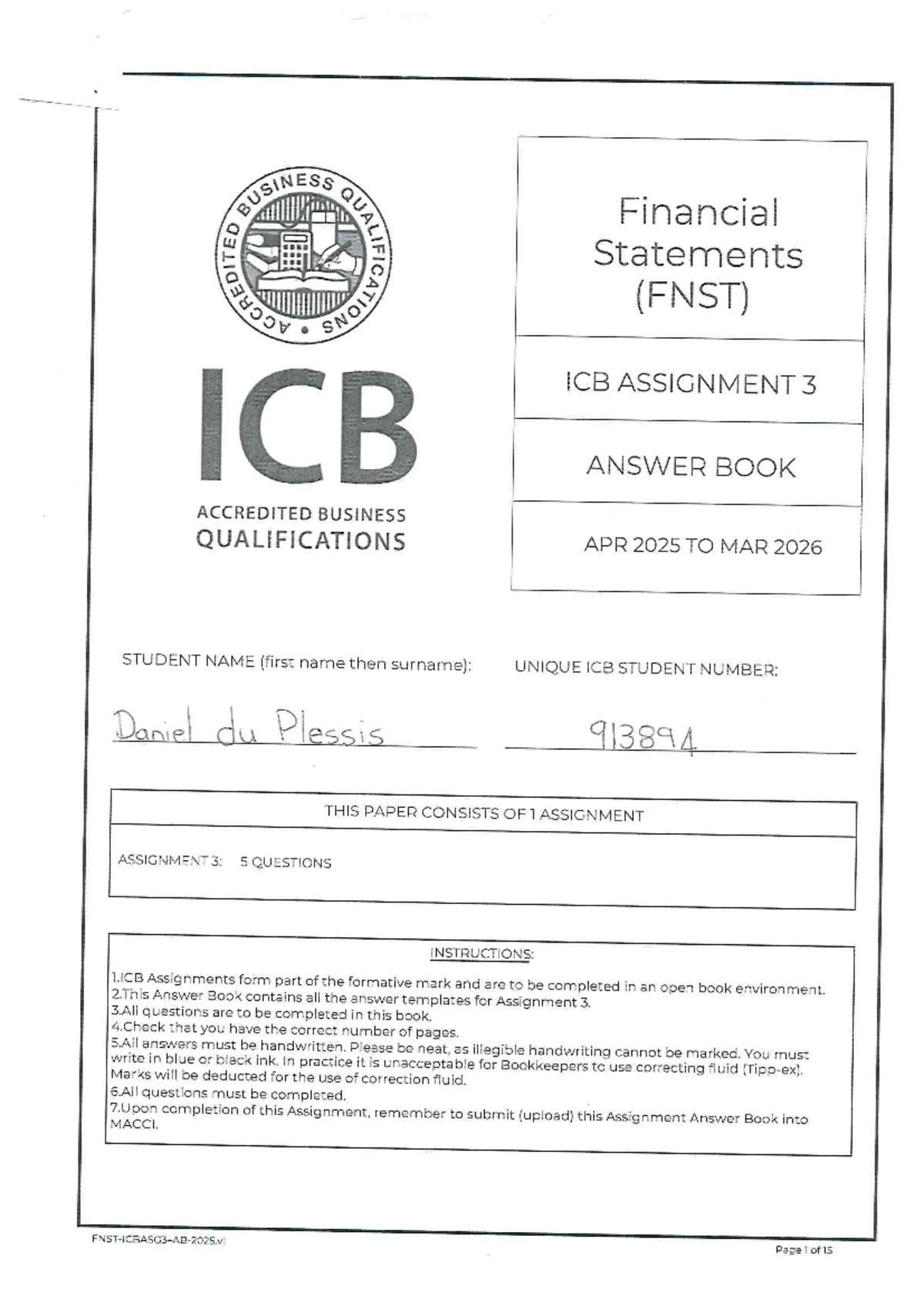 Financial Statements (FNST) ICB Assignment 3 Answer Book 2025-2026 ...