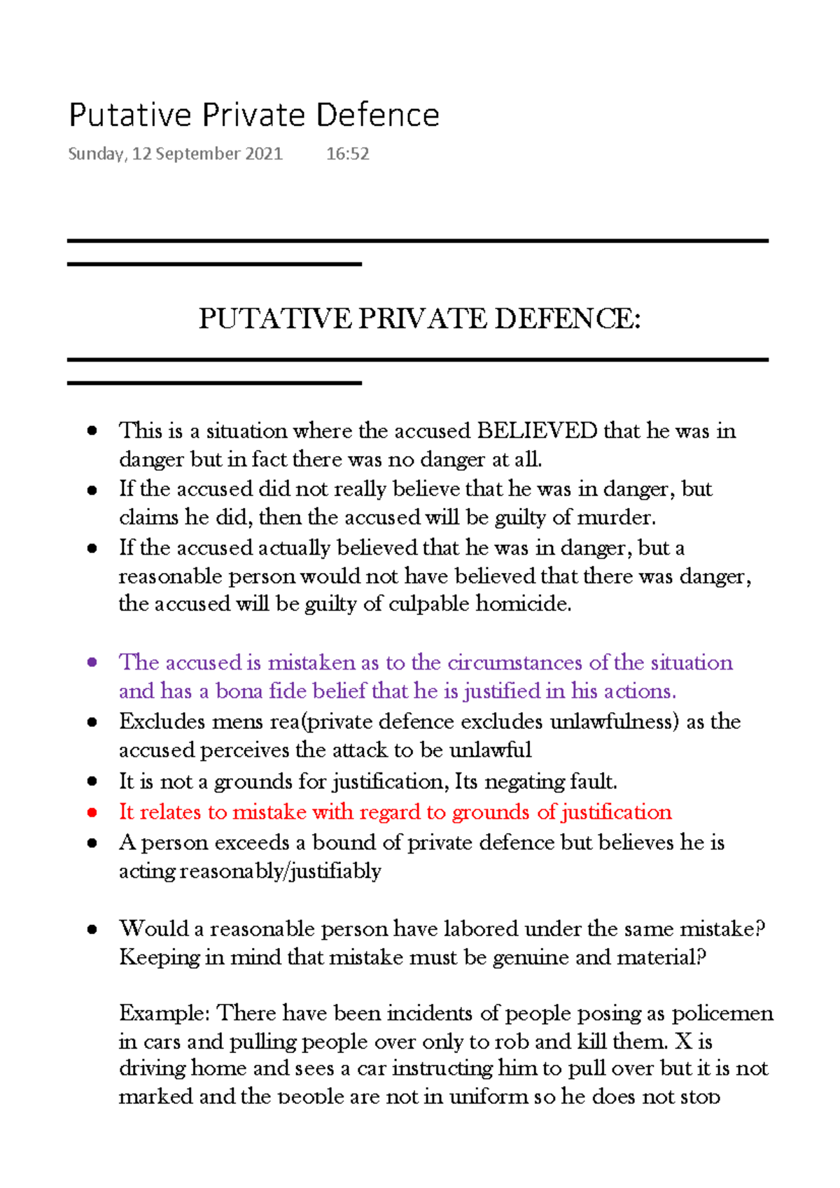 Criminal Law - Understanding Putative Private Defence Concepts - Studocu