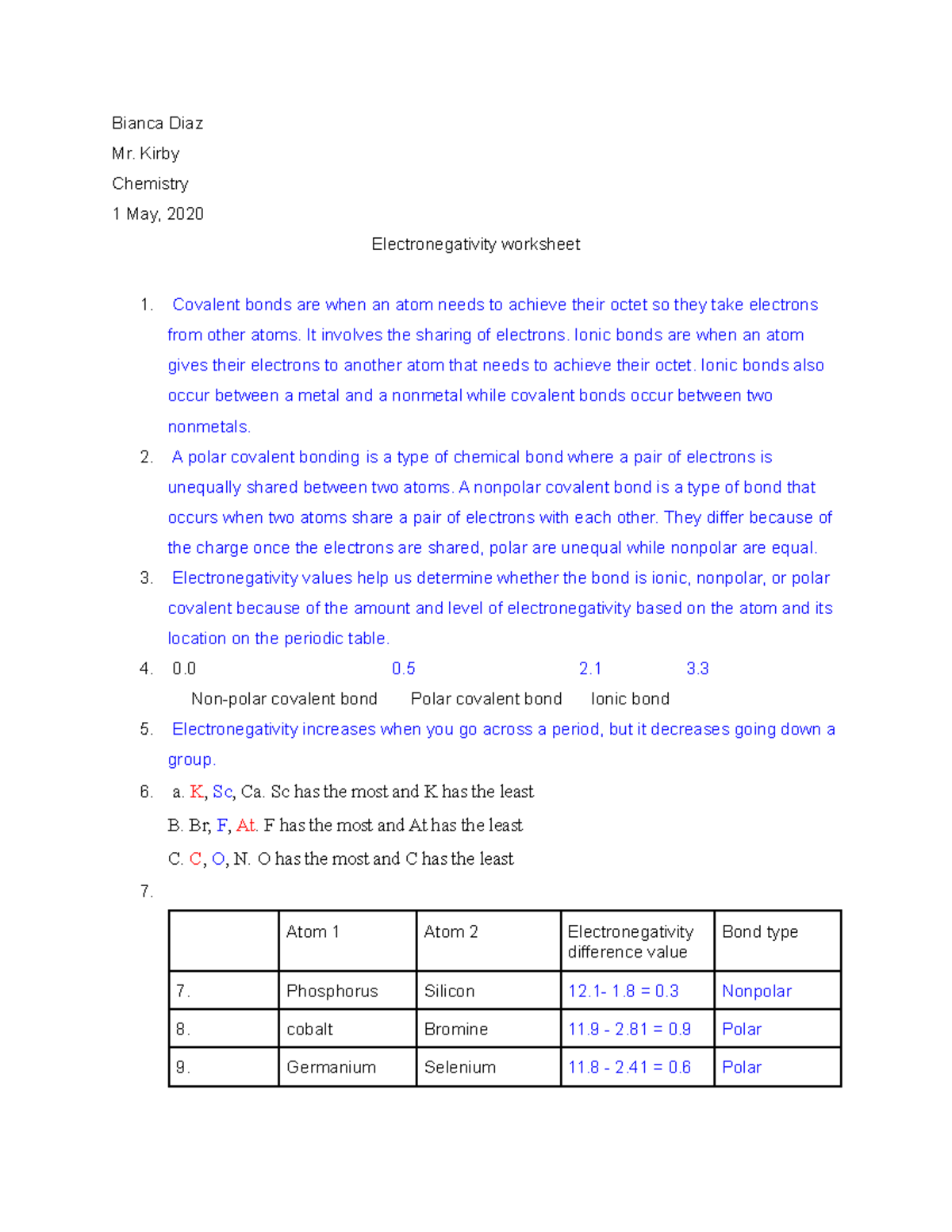 Chemistry 4 30 Assignment: Electronegativity Worksheet Overview - Studocu