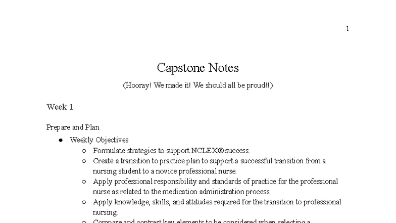 NR 452 - Capstone Lecture Notes: Transitioning to Professional Nursing ...