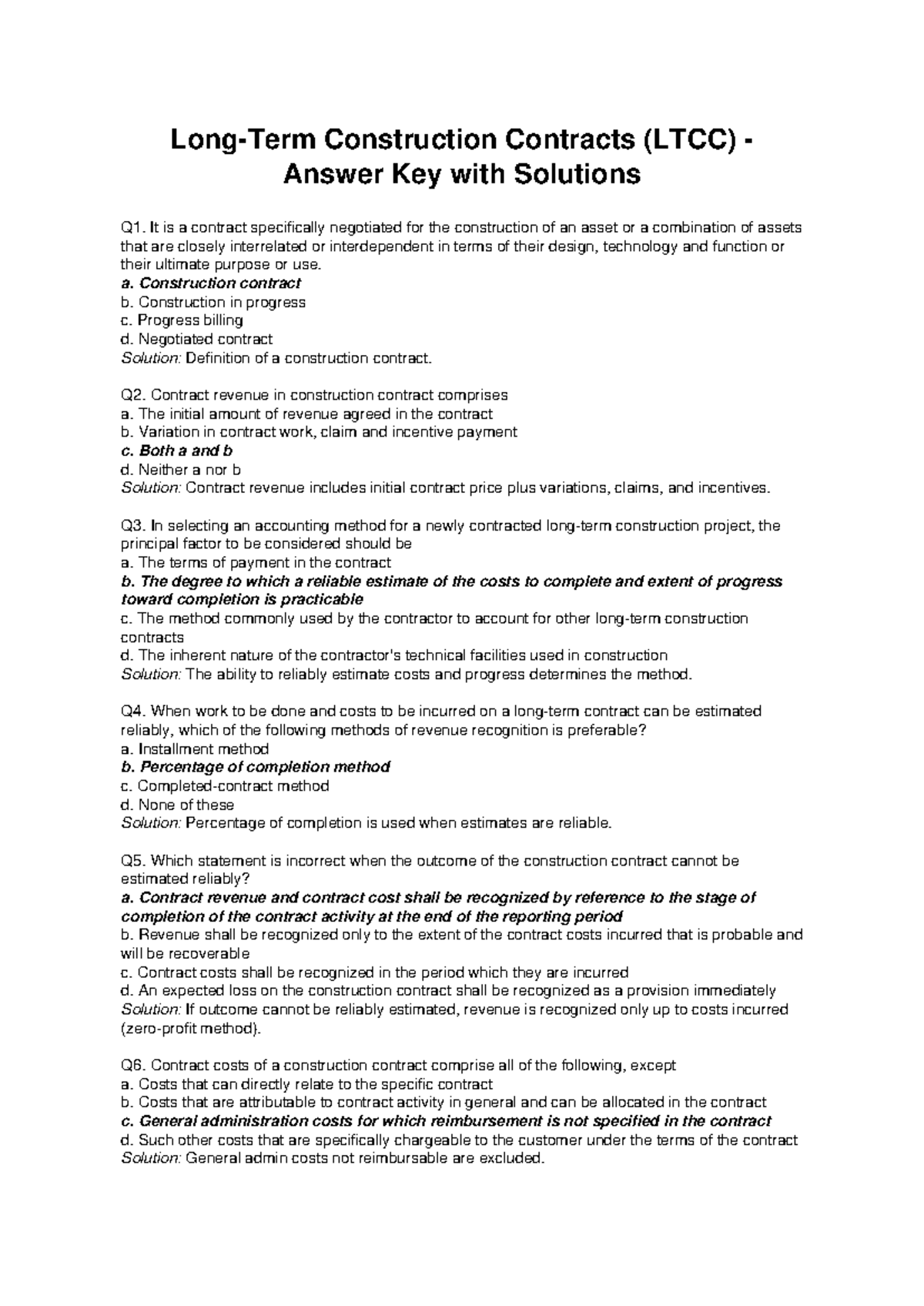 LTCC Construction Contracts Answer Key with Detailed Solutions - Studocu