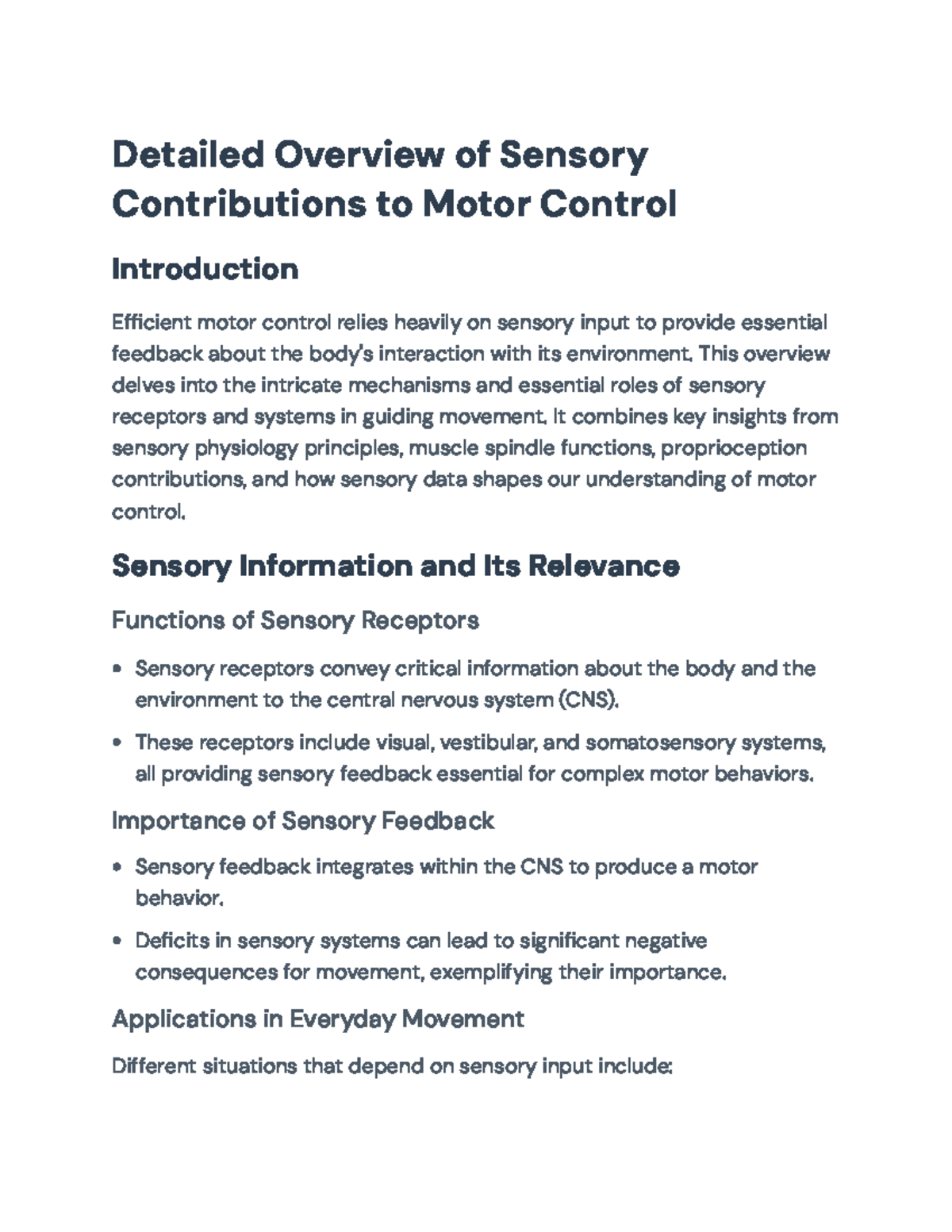 Sensory Contributions to Motor Control: Mechanisms & Applications ...