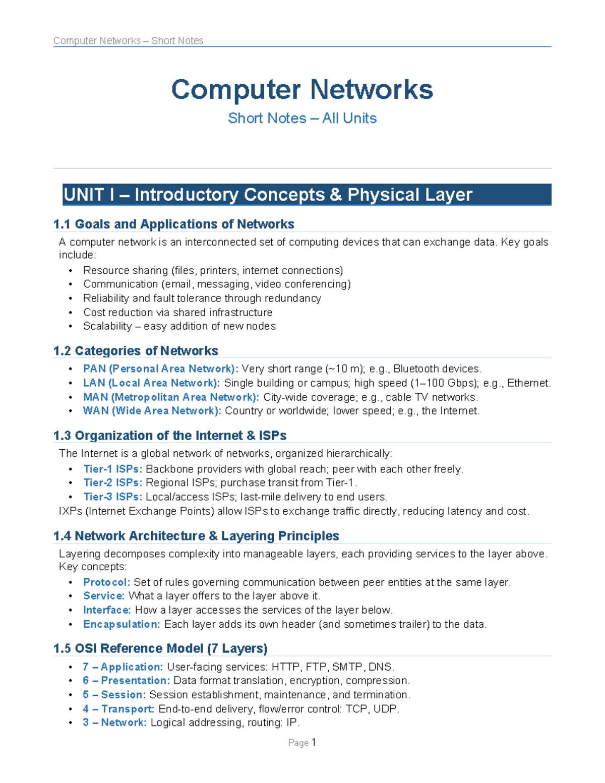 Computer Networks (CS101) Short Notes: All Units Overview - Studocu