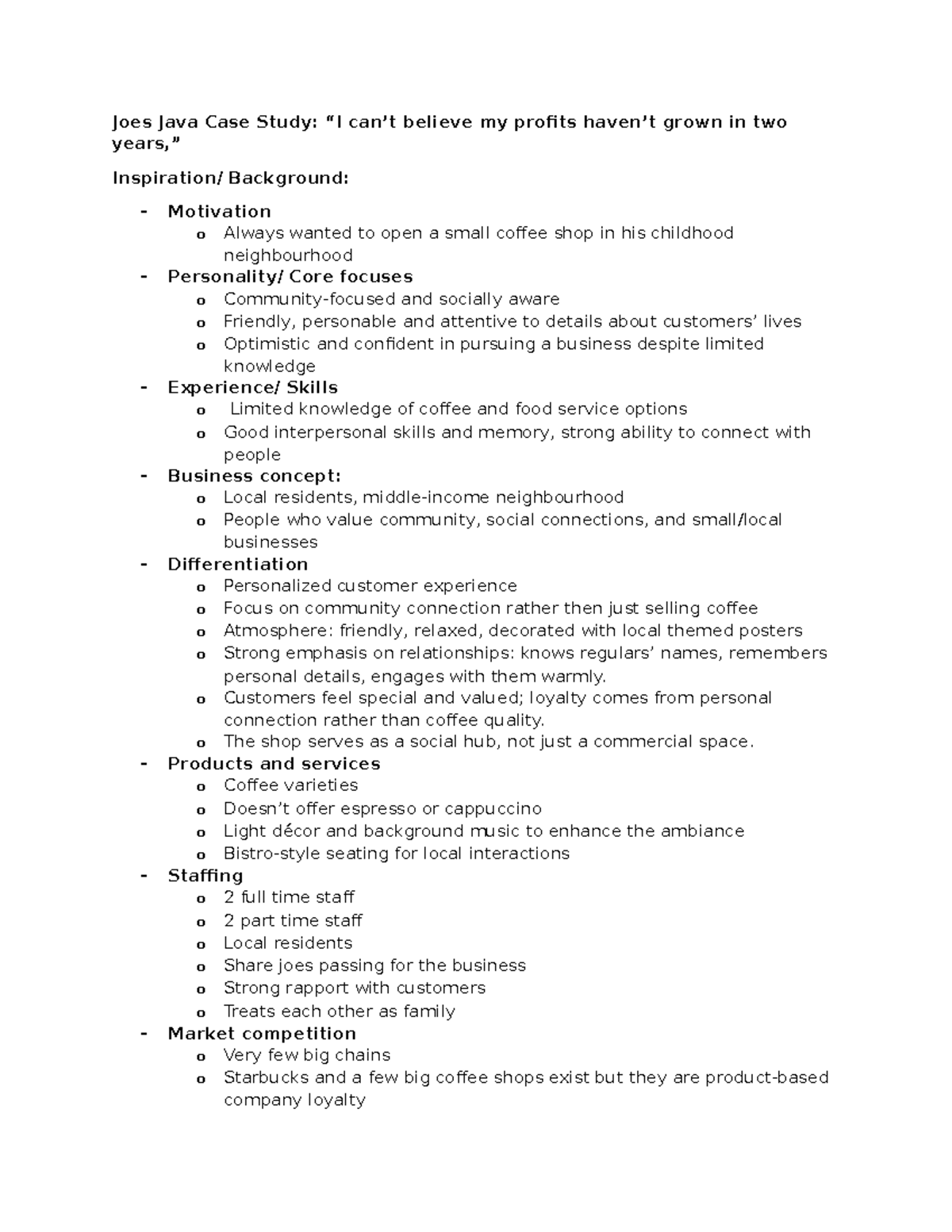 Joe's Java Case Study: Community-Centric Coffee Shop Strategy - Studocu