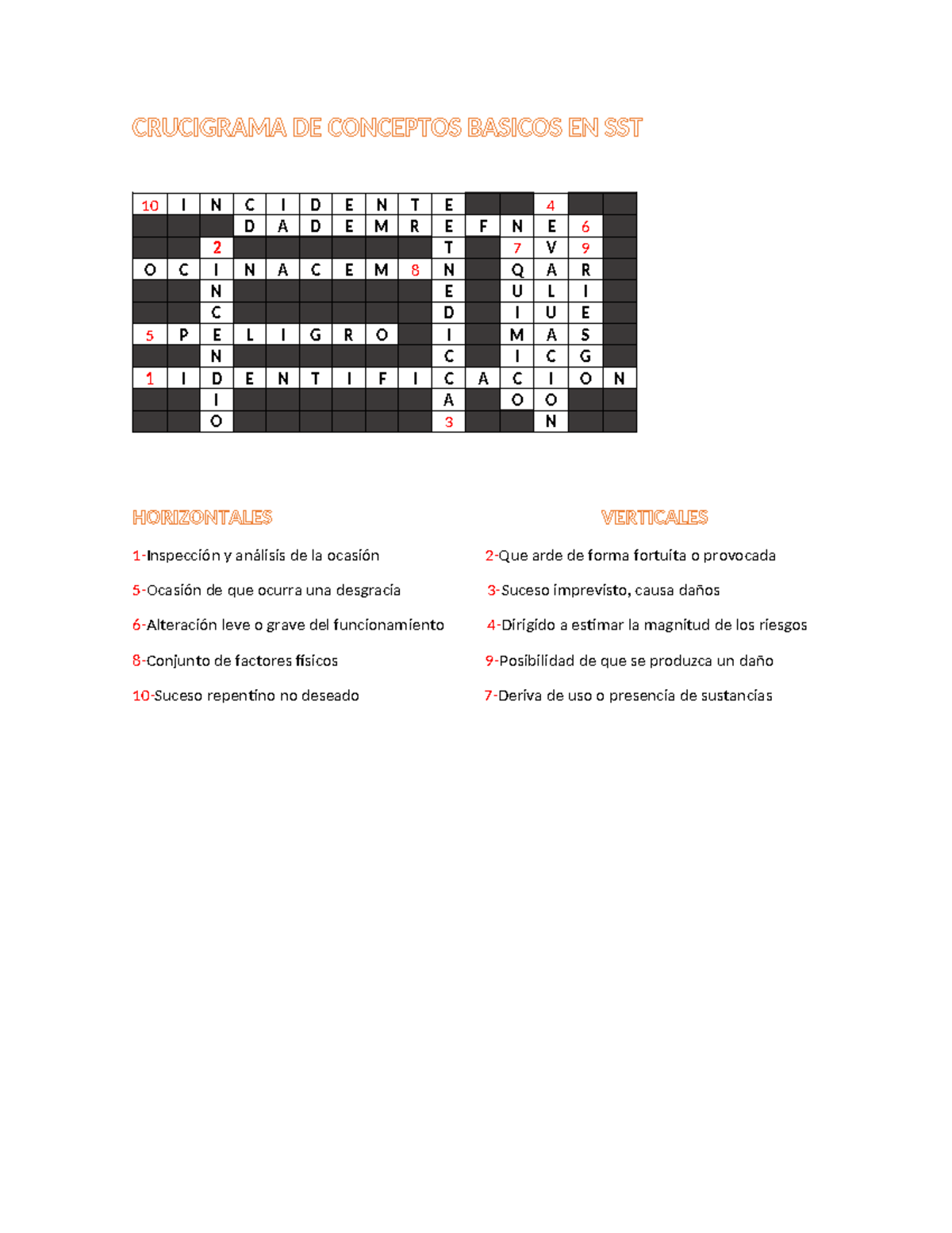 Seguridad I - Crucigrama de Conceptos Básicos en SST (SST 101) - Studocu