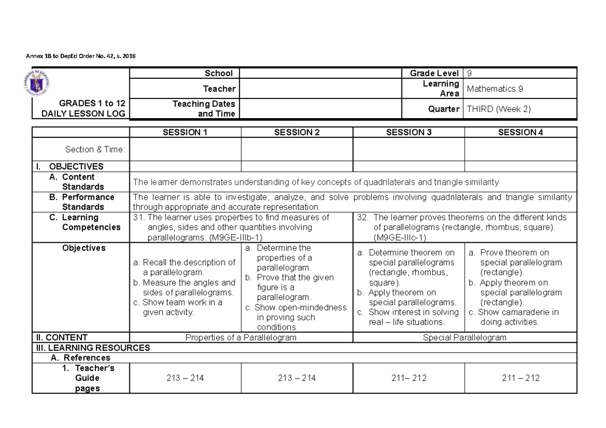 DLL-2nd-week 7-12: Grade 9 Math Lesson Log - Quadrilaterals ...