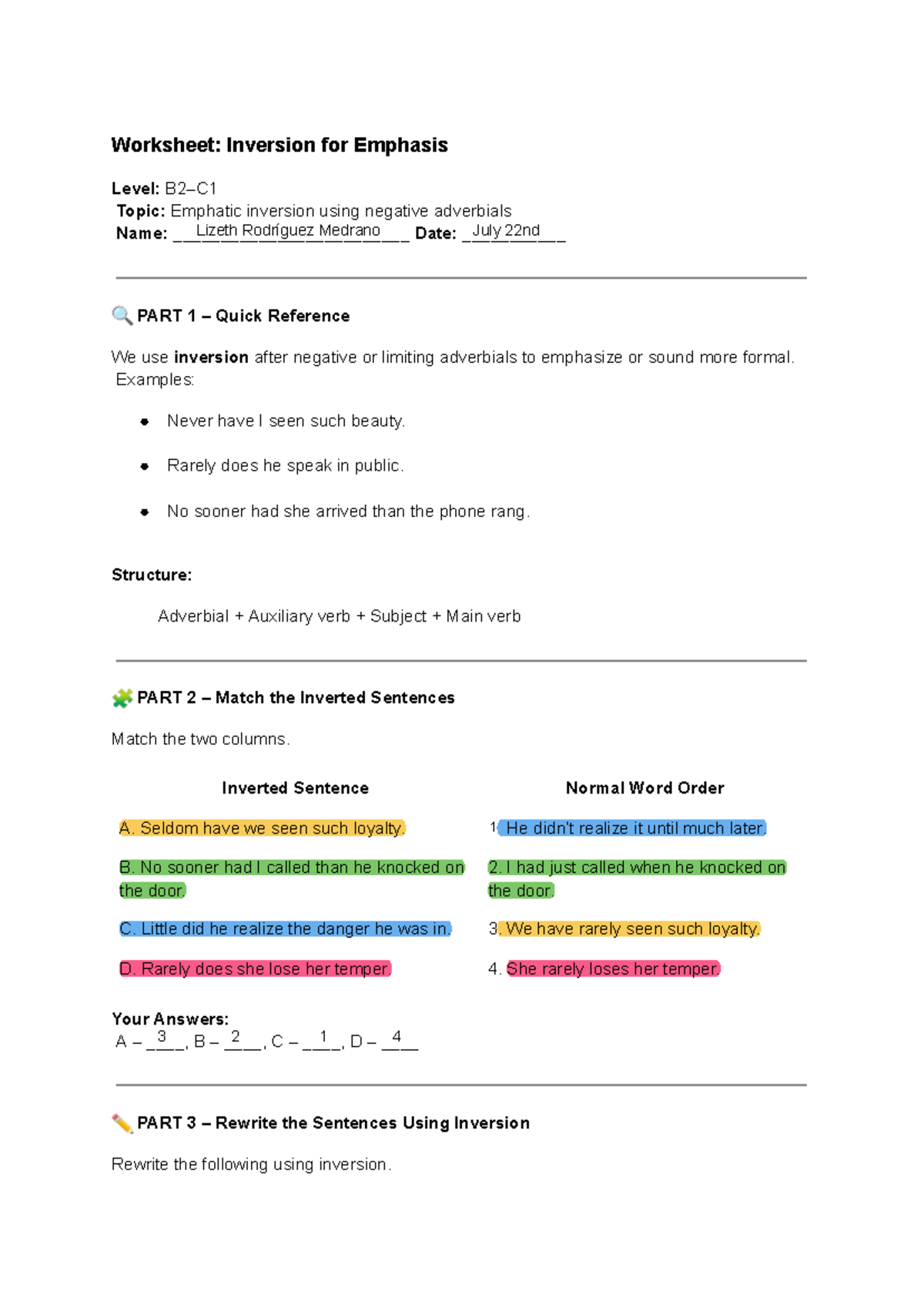 Inversion Exercise - Notas: Emphatic Inversion Techniques - Studocu