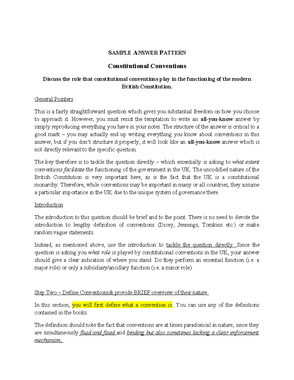 Public LAW: Sample Answer Pattern on Constitutional Conventions - Studocu