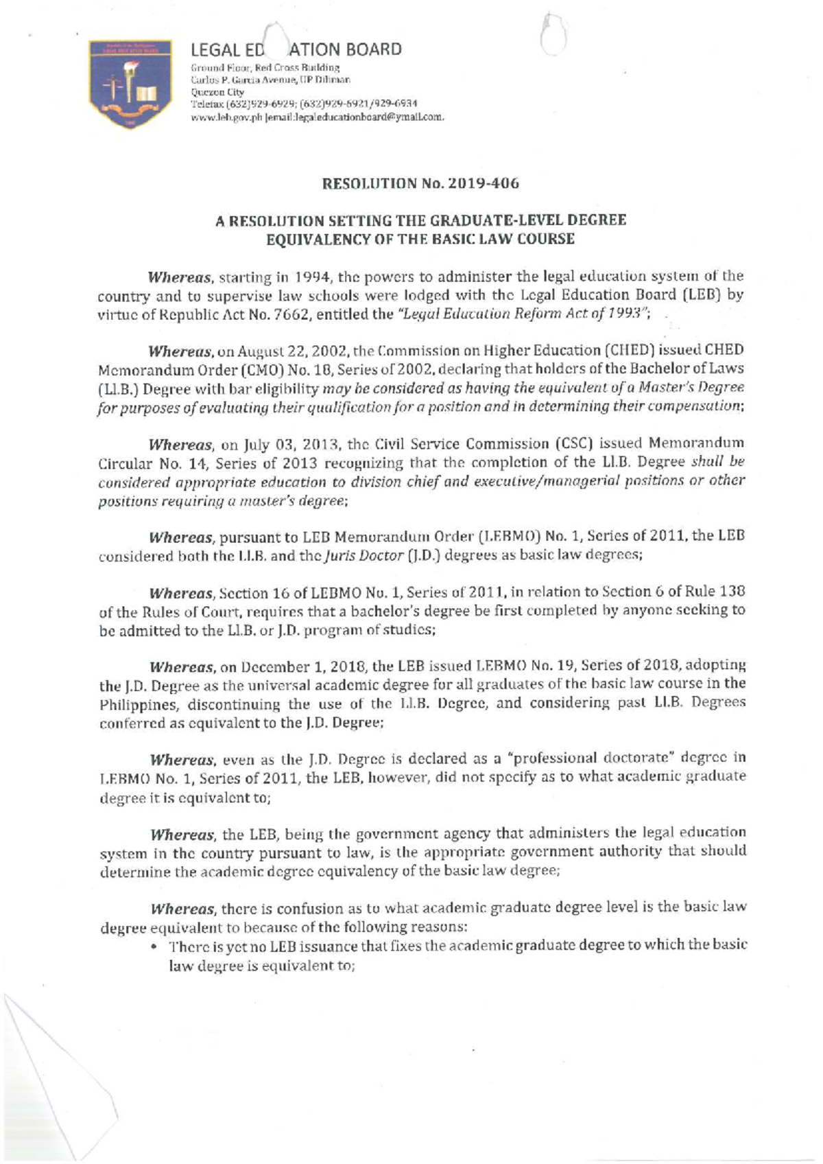 Legal Education Board Resolution 2019-406: Degree Equivalency of Basic ...
