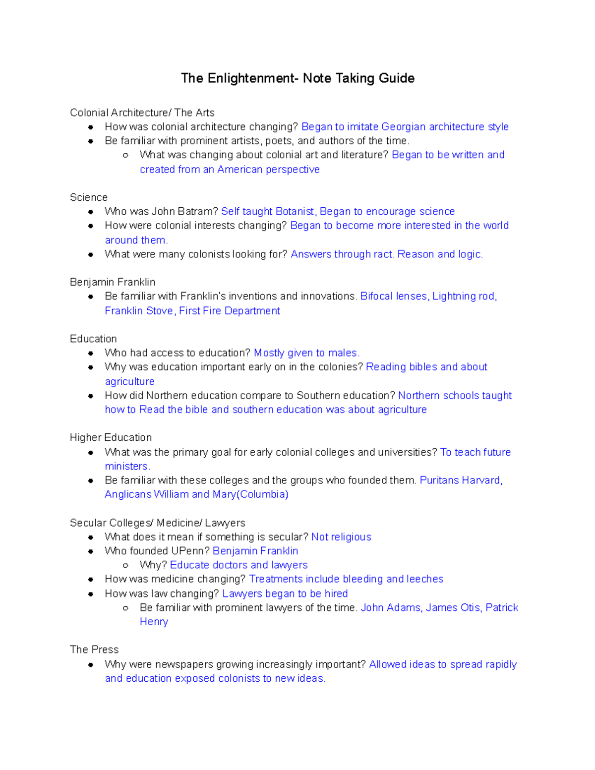 The Enlightenment Notes Guide: Colonial Architecture & Education ...