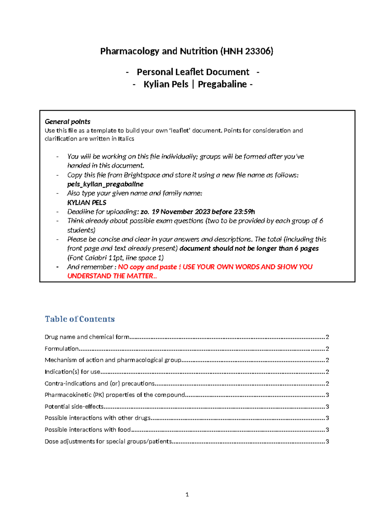 Pregabalin Drug Leaflet Template for HNH 23306 Course - Studeersnel