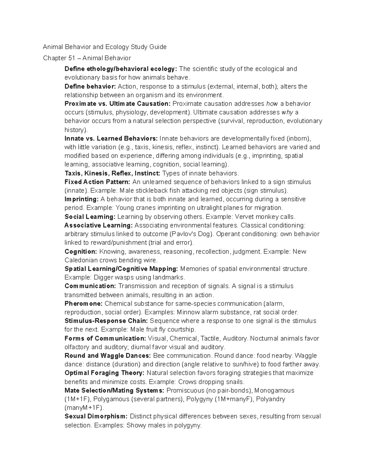 Animal Behavior and Ecology Study Guide: Key Concepts and Topics ...