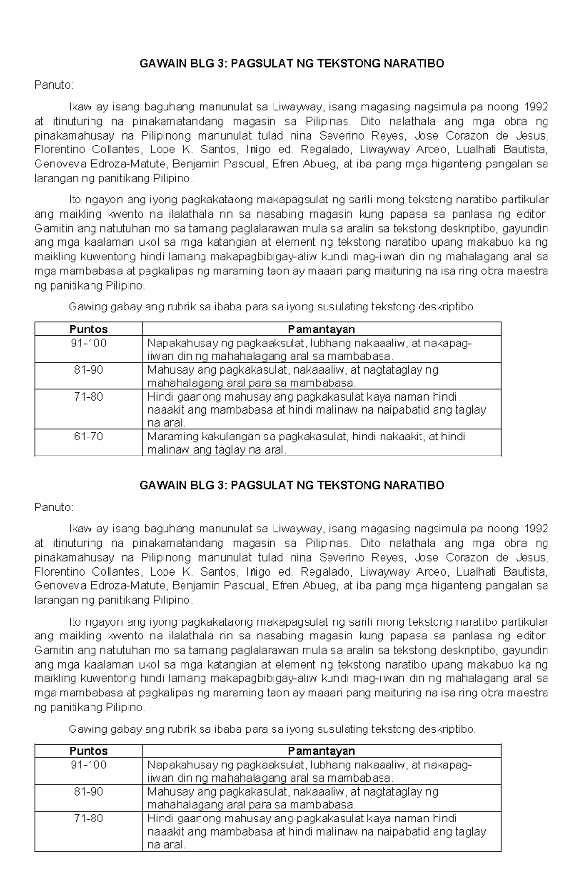 Gawain BLG 3: Pagsulat ng Maikling Kuwentong Naratibo - Studocu