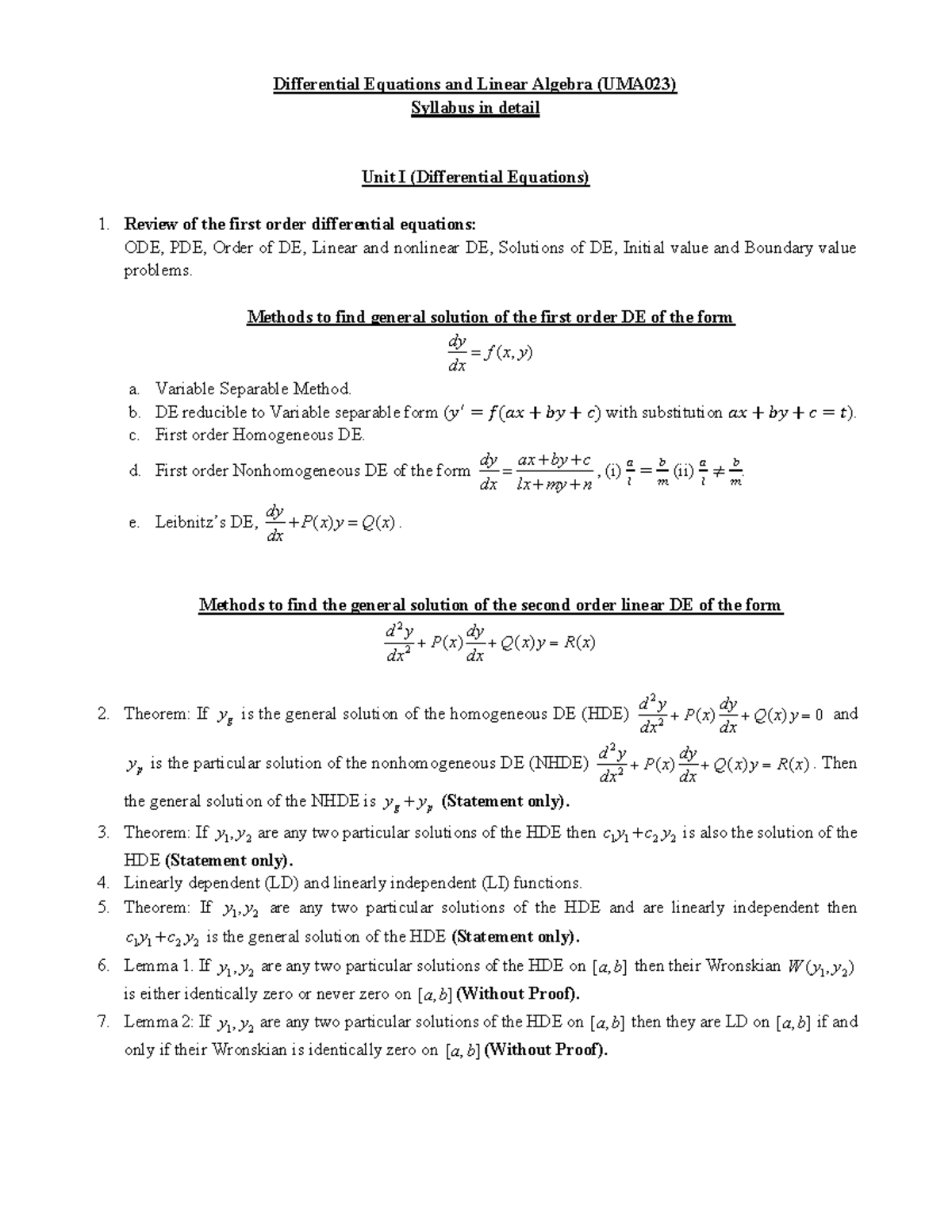 Differential Equations and Linear Algebra (UMA023) Unit I Syllabus ...