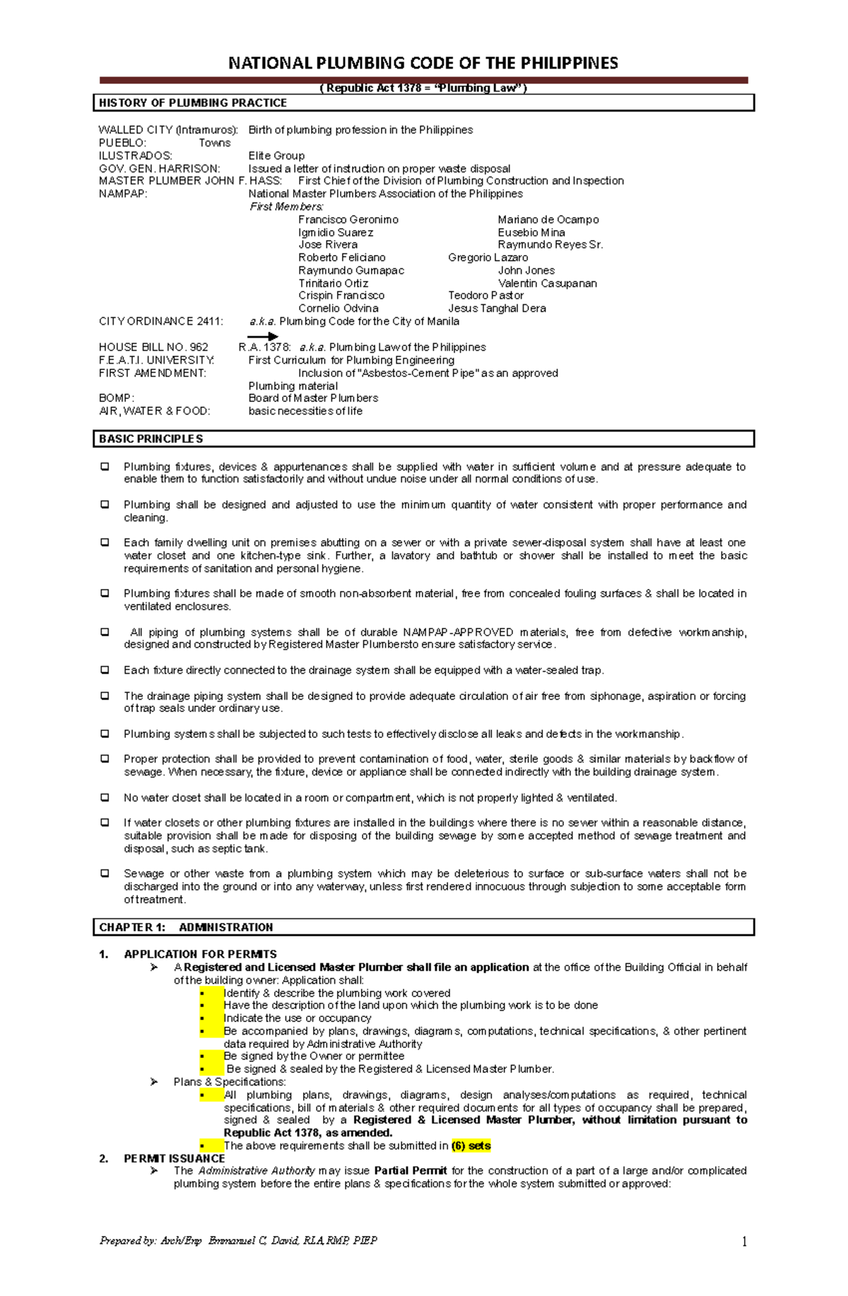Revised-NPC- Summary - Jwiwizns - ( Republic Act 1378 = “Plumbing Law ...