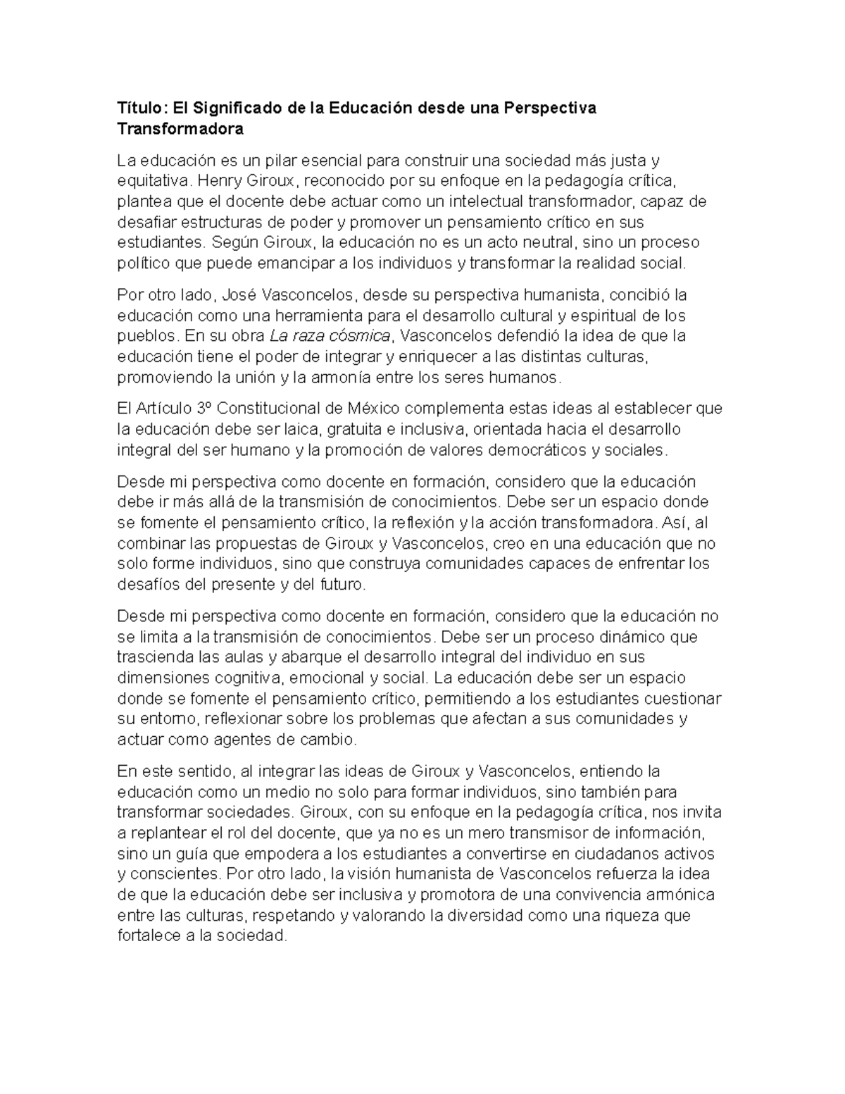 Filosofia - rtyyy - Título: El Significado de la Educación desde una ...