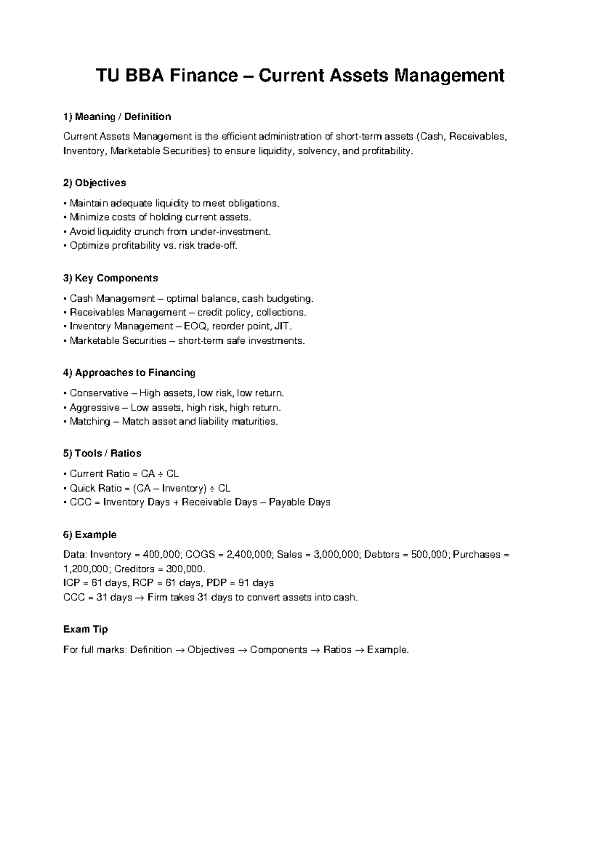 TU BBA Finance Current Assets Management Overview and Key Concepts ...