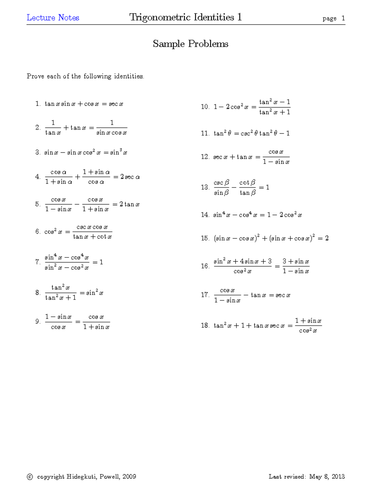 Trig Identities Practice Problems (Math 101) - Studocu