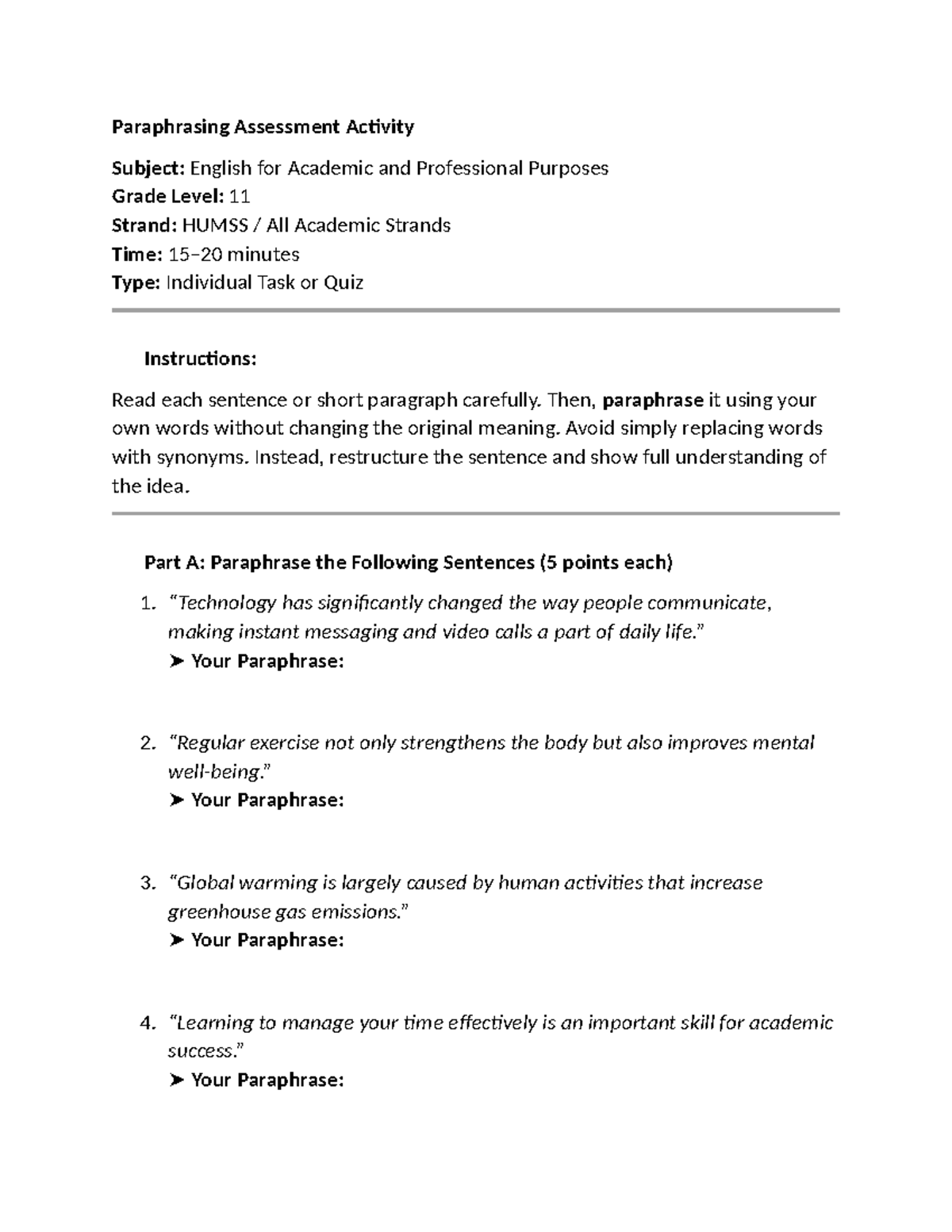 Paraphrasing Assessment Quiz: English for Academic Purposes (Grade 11 ...