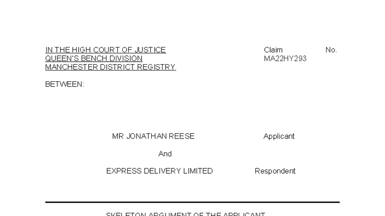 Jonathan Reese v Express Delivery Ltd: Skeleton Argument for Claim ...