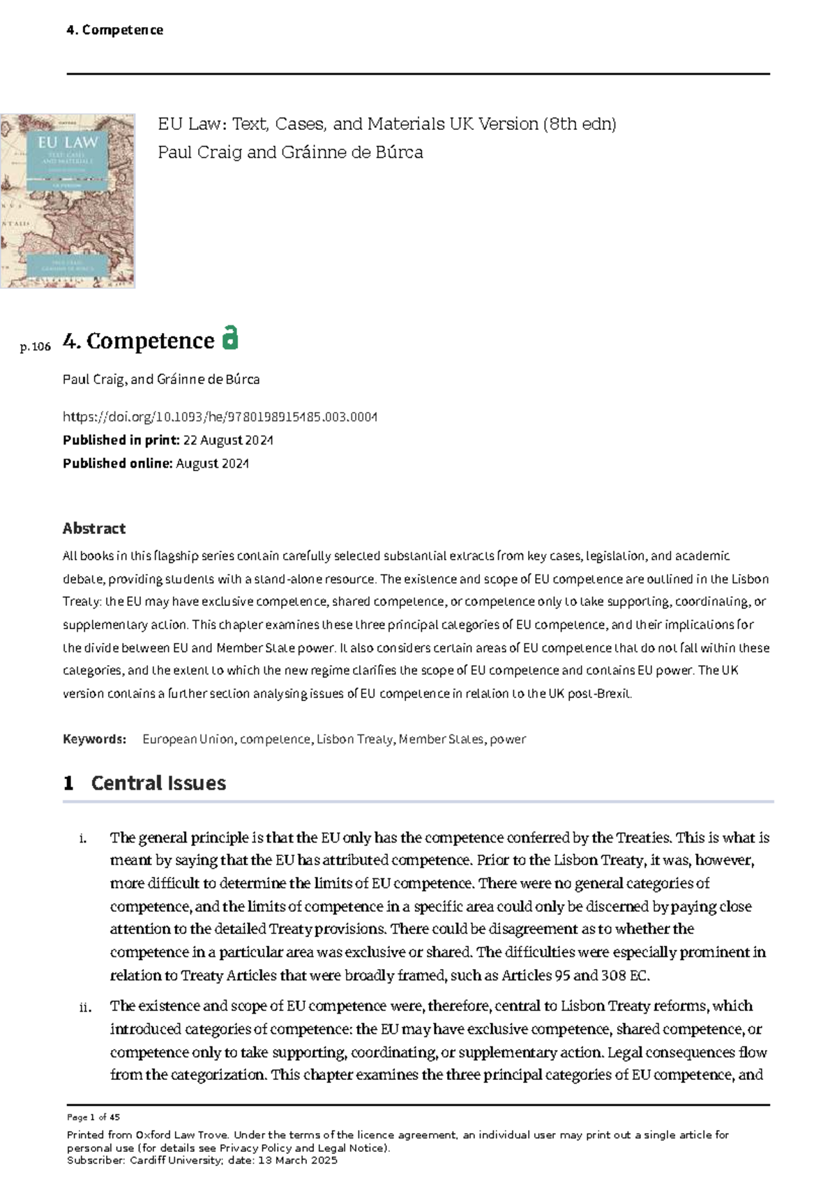 4. Competence in EU Law: Key Concepts and Implications (8th edn) - Studocu