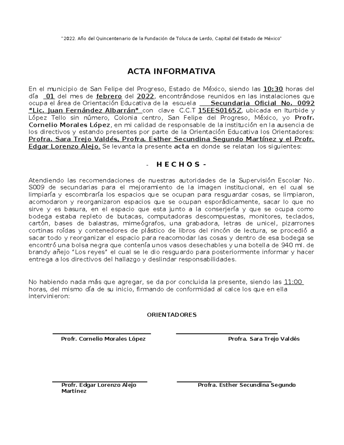 ACTA Informativa - “2022. Año del Quincentenario de la Fundación de Toluca de Lerdo, Capital del ...