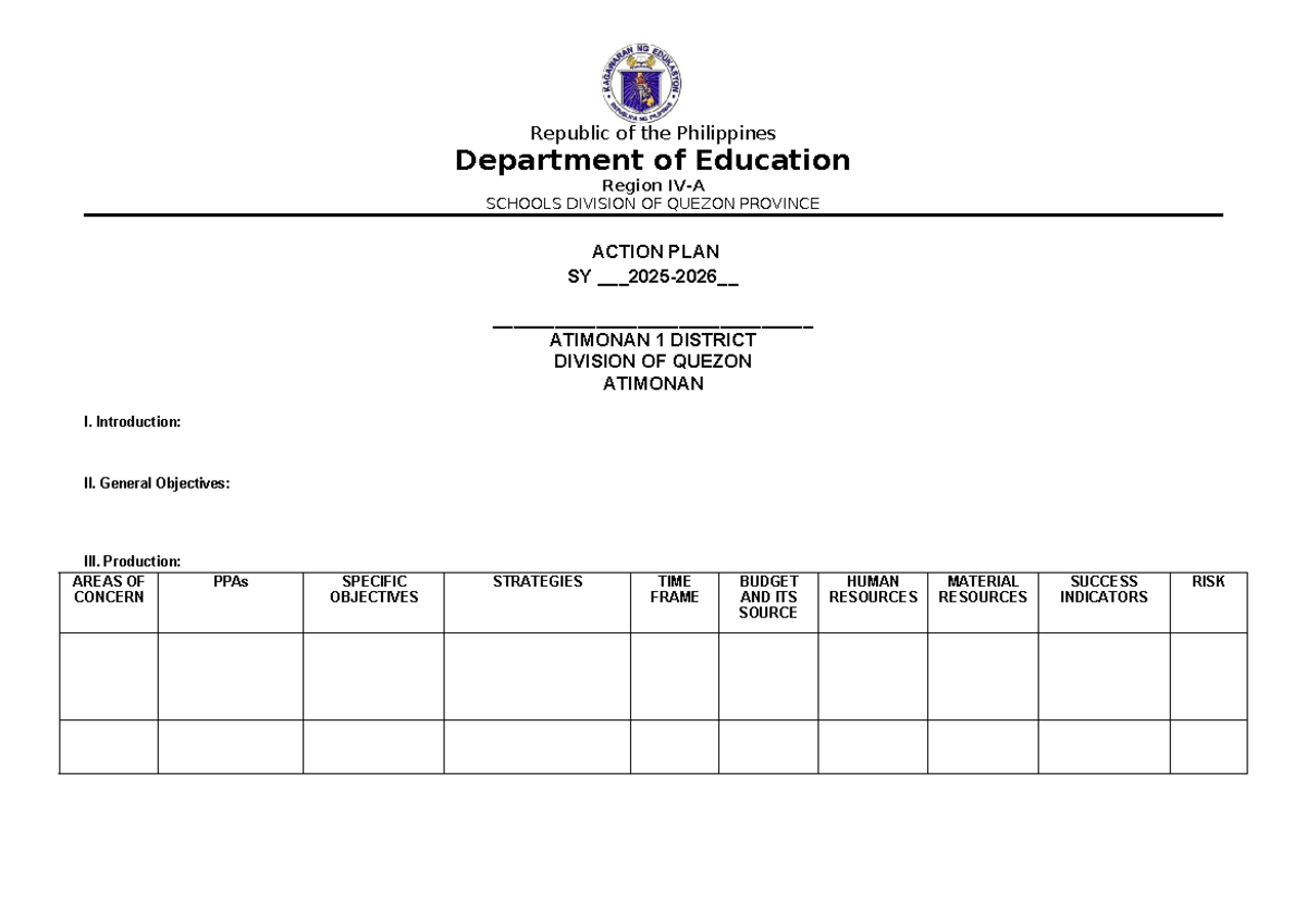 Action-PLAN - A DOCUMENT NEEDED FOR THE SCHOOL YEAR AS PLAN - Republic ...
