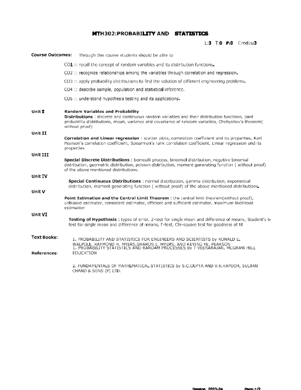 MTH302: Latest Syllabus for Probability and Statistics Course - Studocu