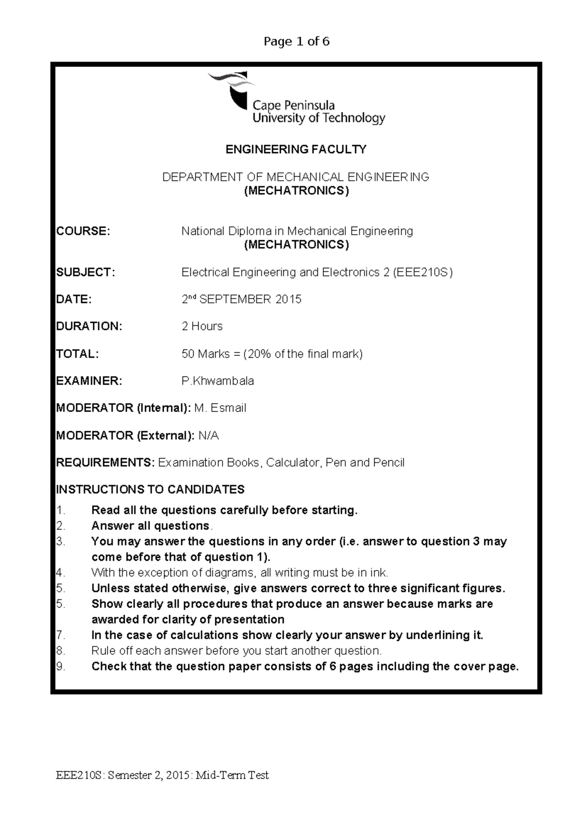 EEE210S Midterm Exam Sem 2 - 2015: Electrical Engineering & Electronics ...