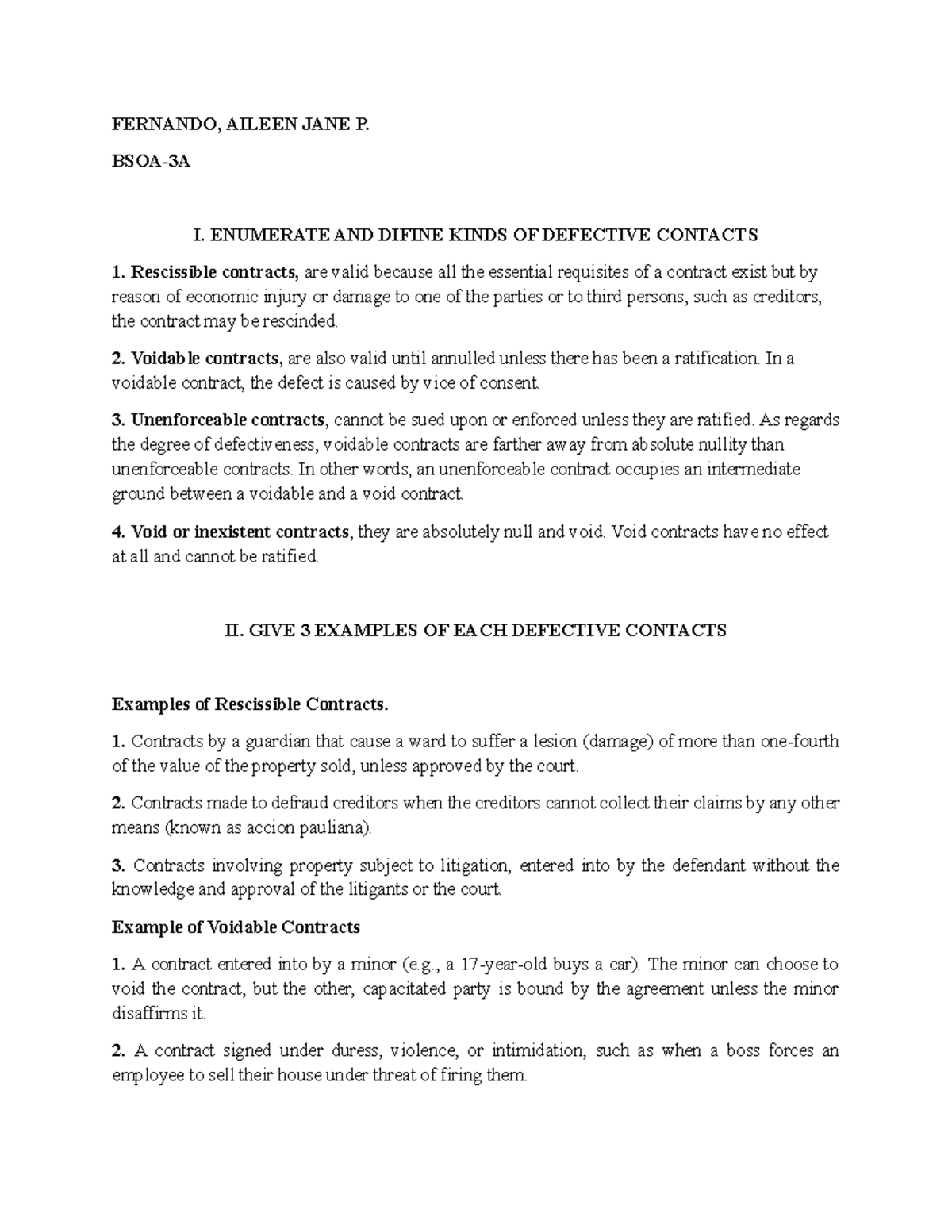 Assignment 1 - Types and Examples of Defective Contracts - Studocu