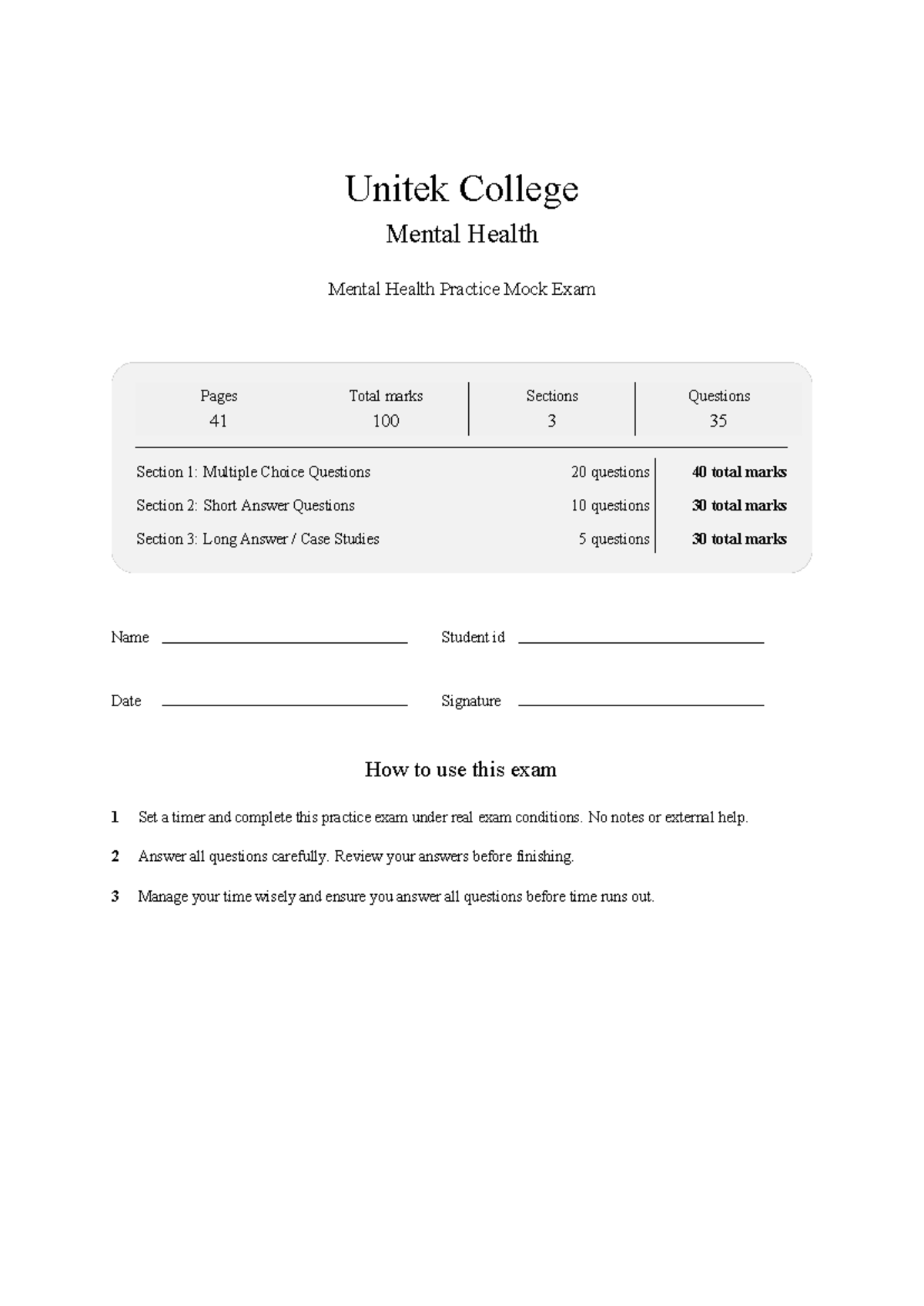 Unitek College Mental Health Practice Mock Exam (41 Questions) - Studocu