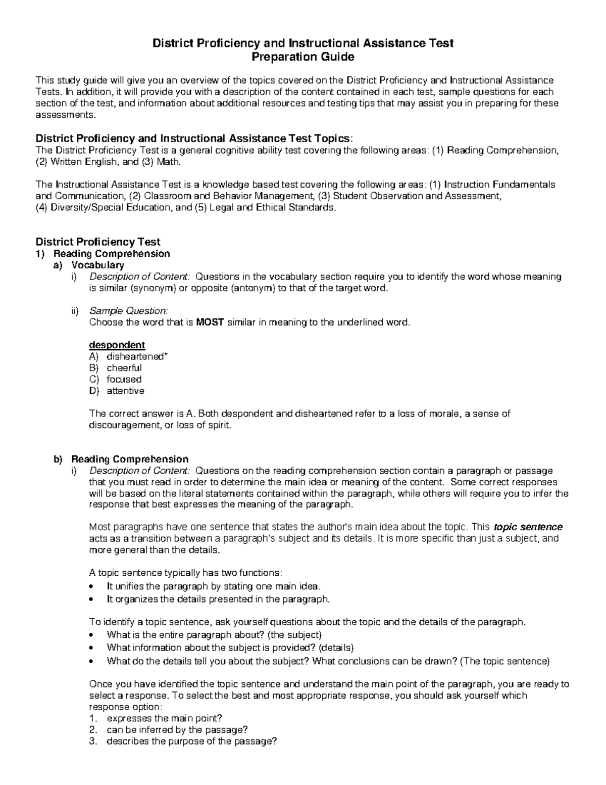 District Proficiency & Instructional Assistance Test Prep Guide - Studocu