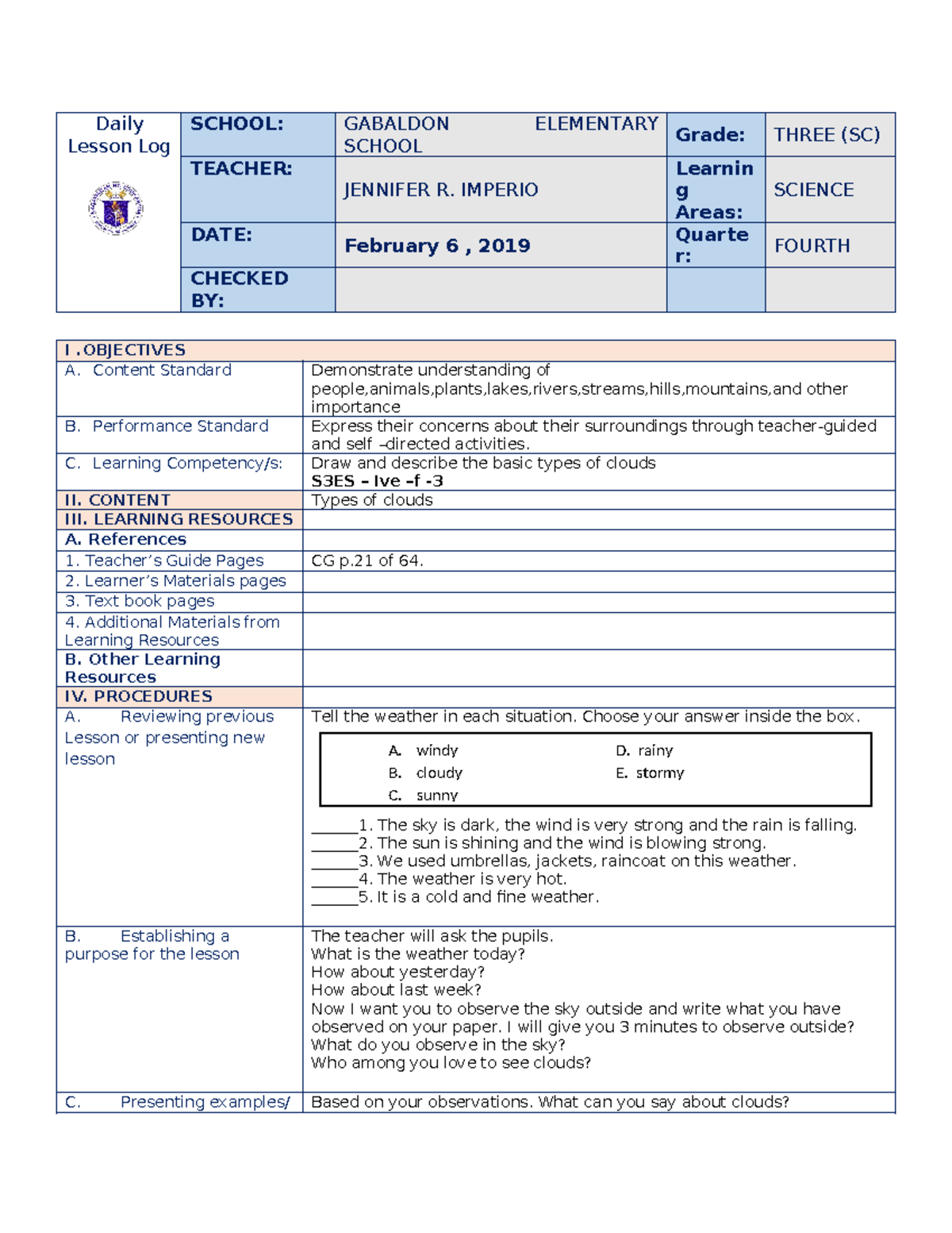Grade 3 COT DLP Q4 Science Lesson Plan on Types of Clouds - Studocu