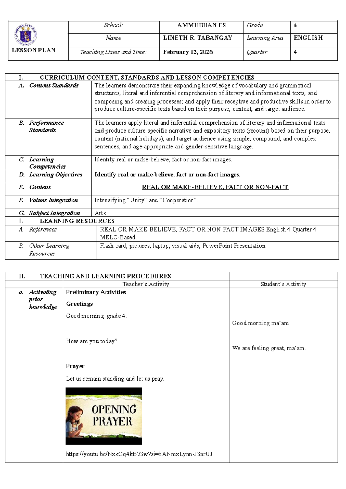 Final Demo Lesson Plan for English 4: Real vs. Make-Believe - Studocu