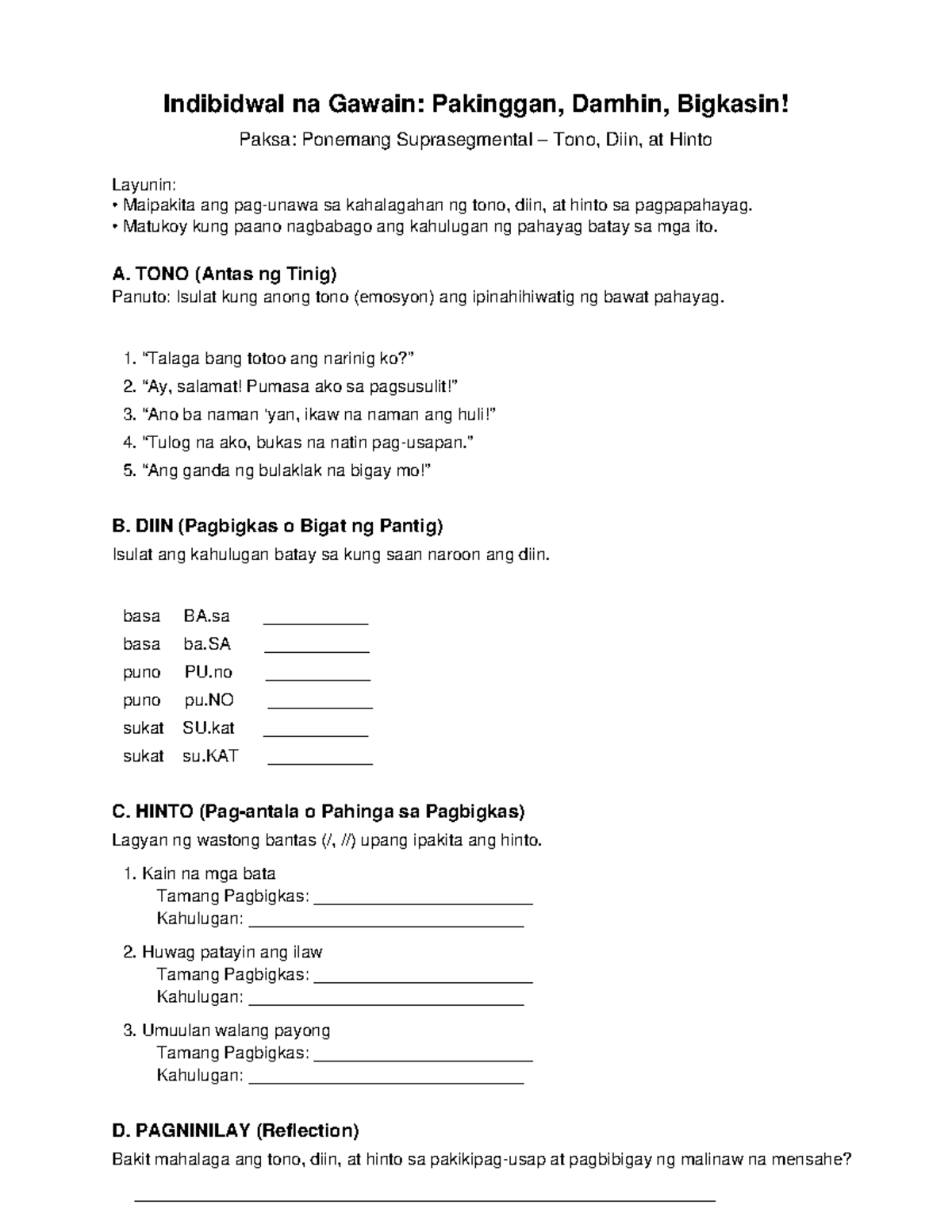 Ponemang Suprasegmental: Indibidwal na Gawain Worksheet - Studocu