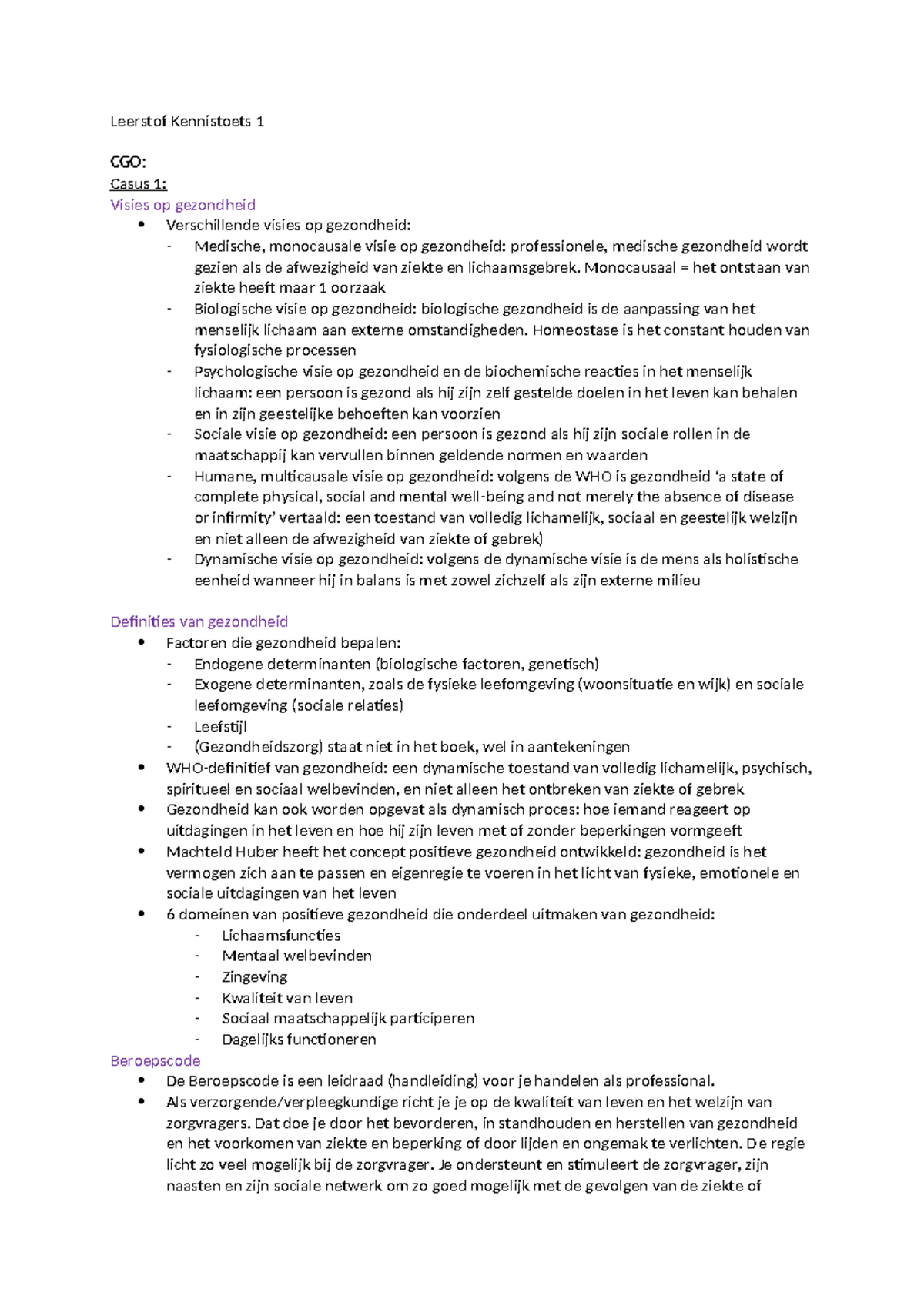 Leerstof voor Kennistoets 1: Gezondheid en Verpleegkunde (CGO ...