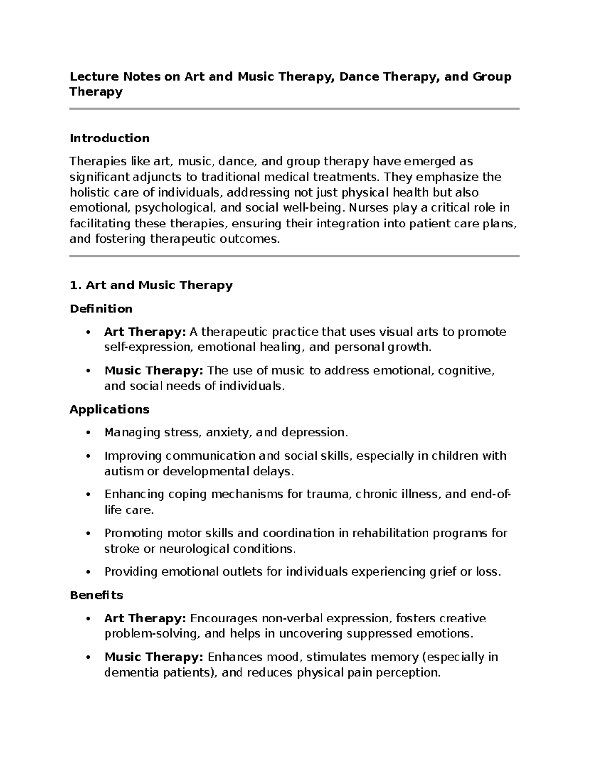 Lecture Notes on Art, Music, Dance, and Group Therapy (Course Code: 3 ...